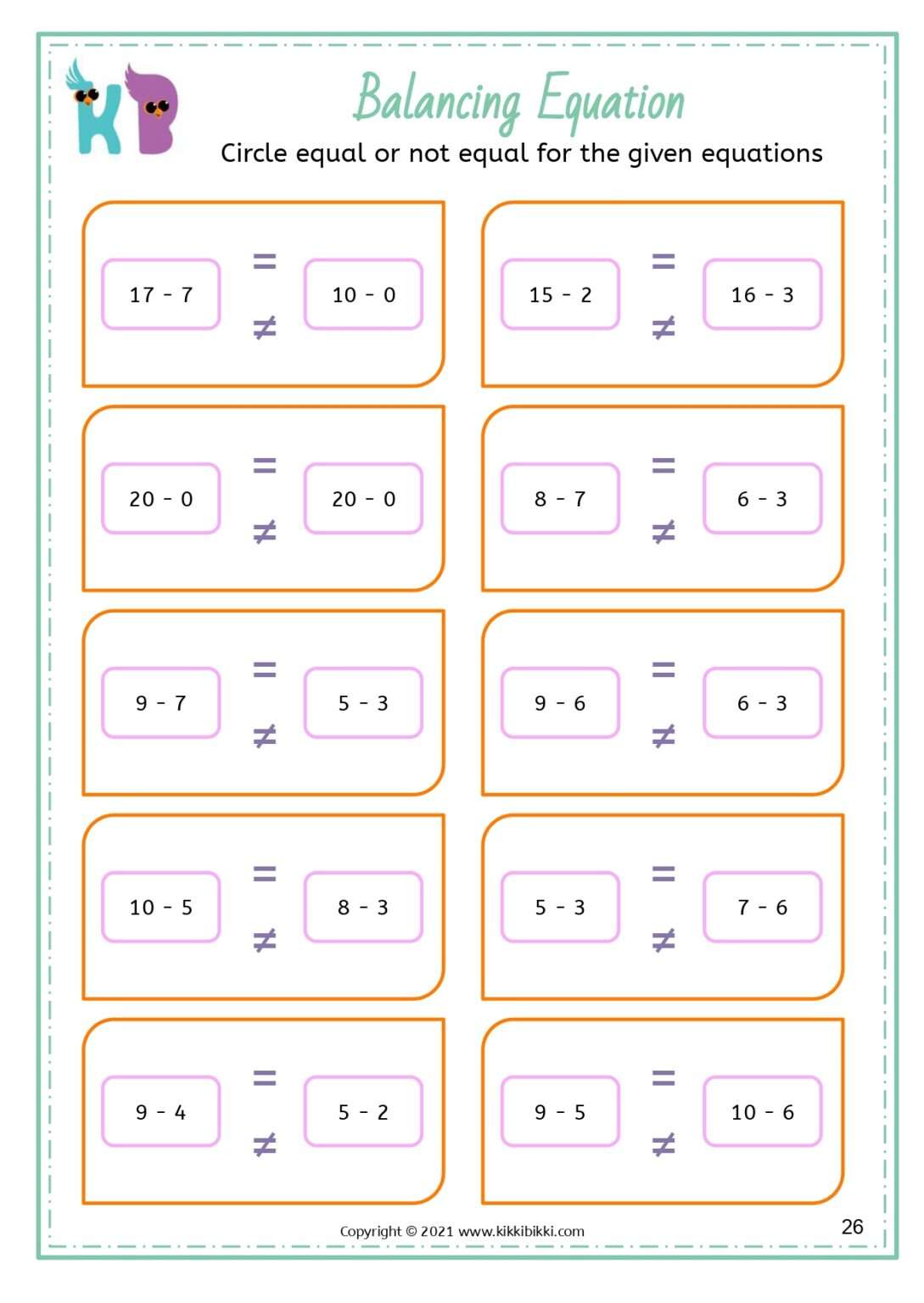 BALANCING EQUATION - Free Math Printable Worksheets