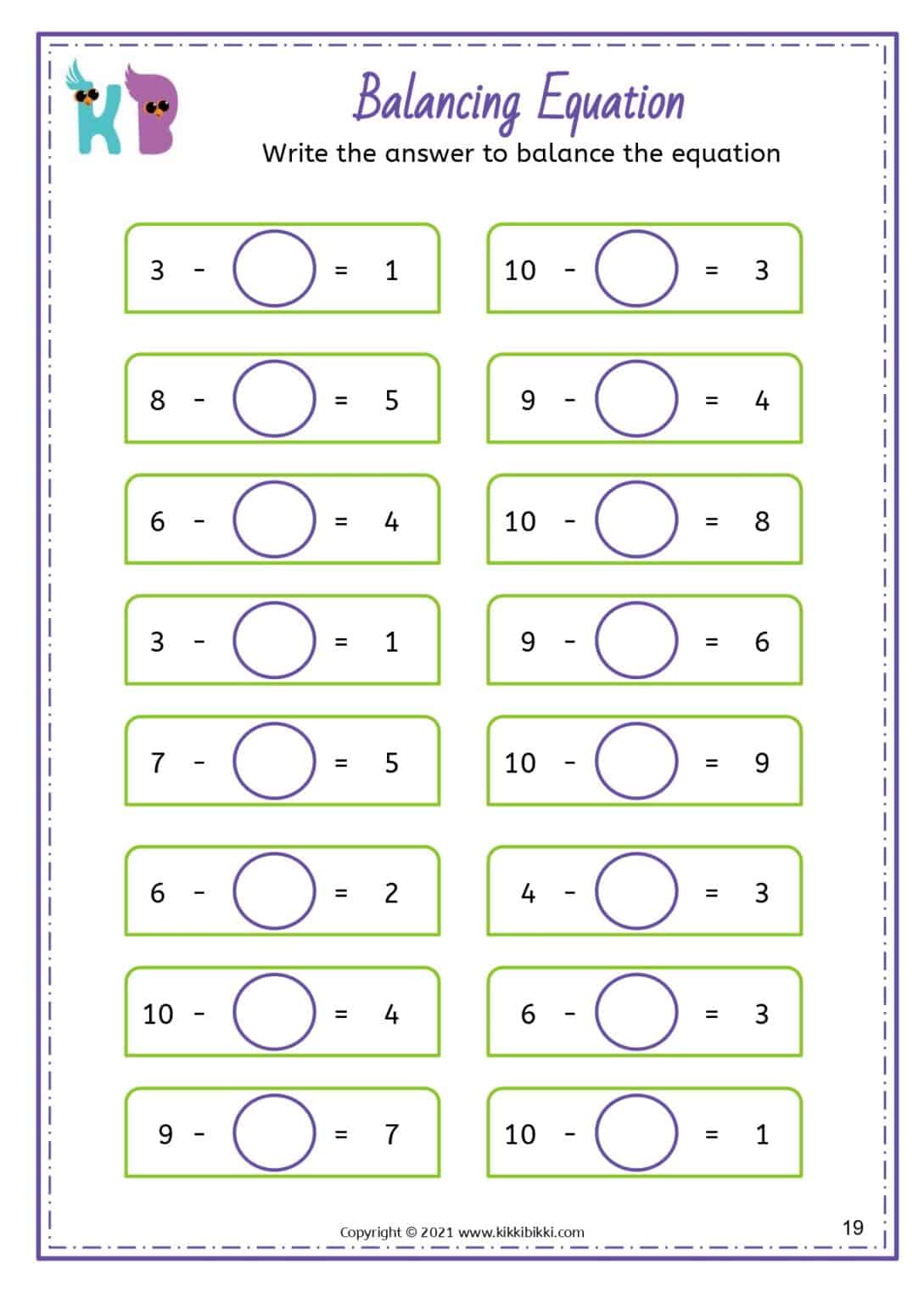 BALANCING EQUATION - Free Math Printable Worksheets