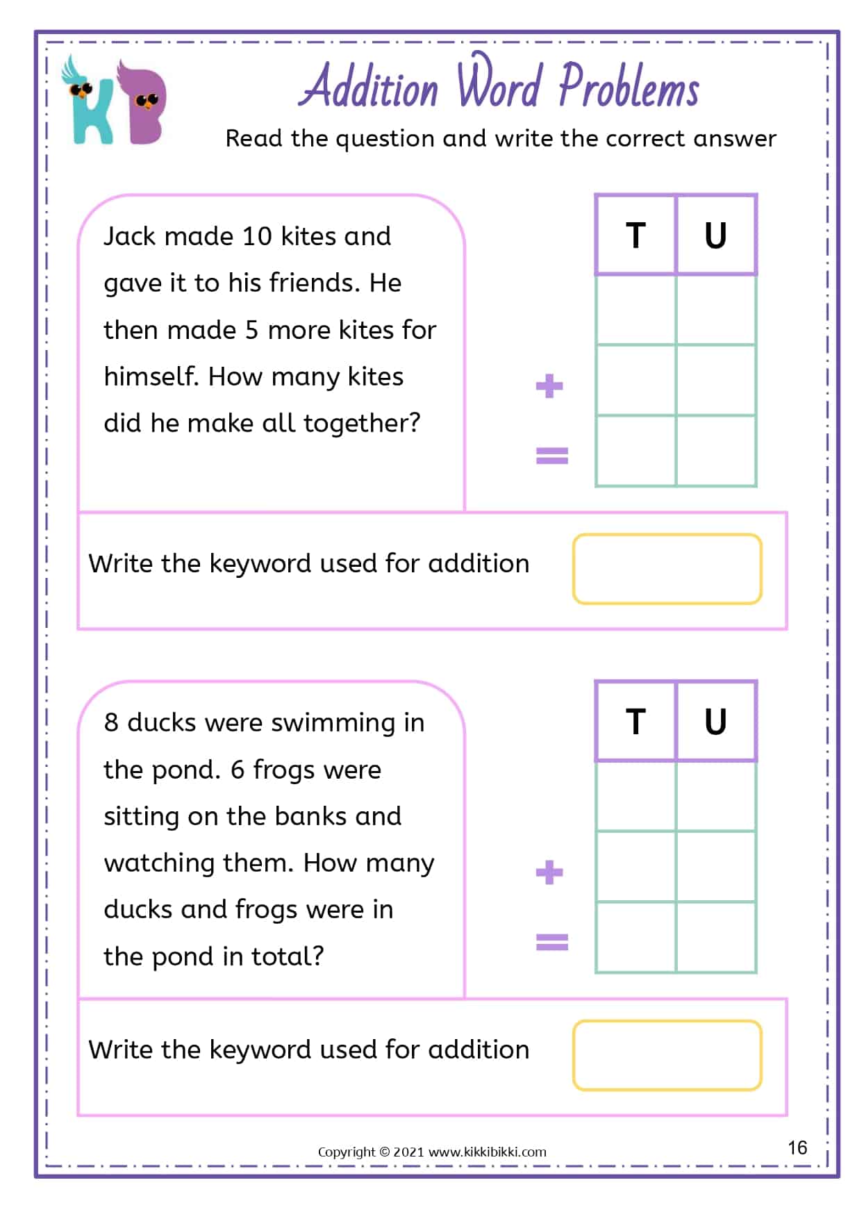 ADDITION - WORD PROBLEMS - Free Math Printable Worksheets