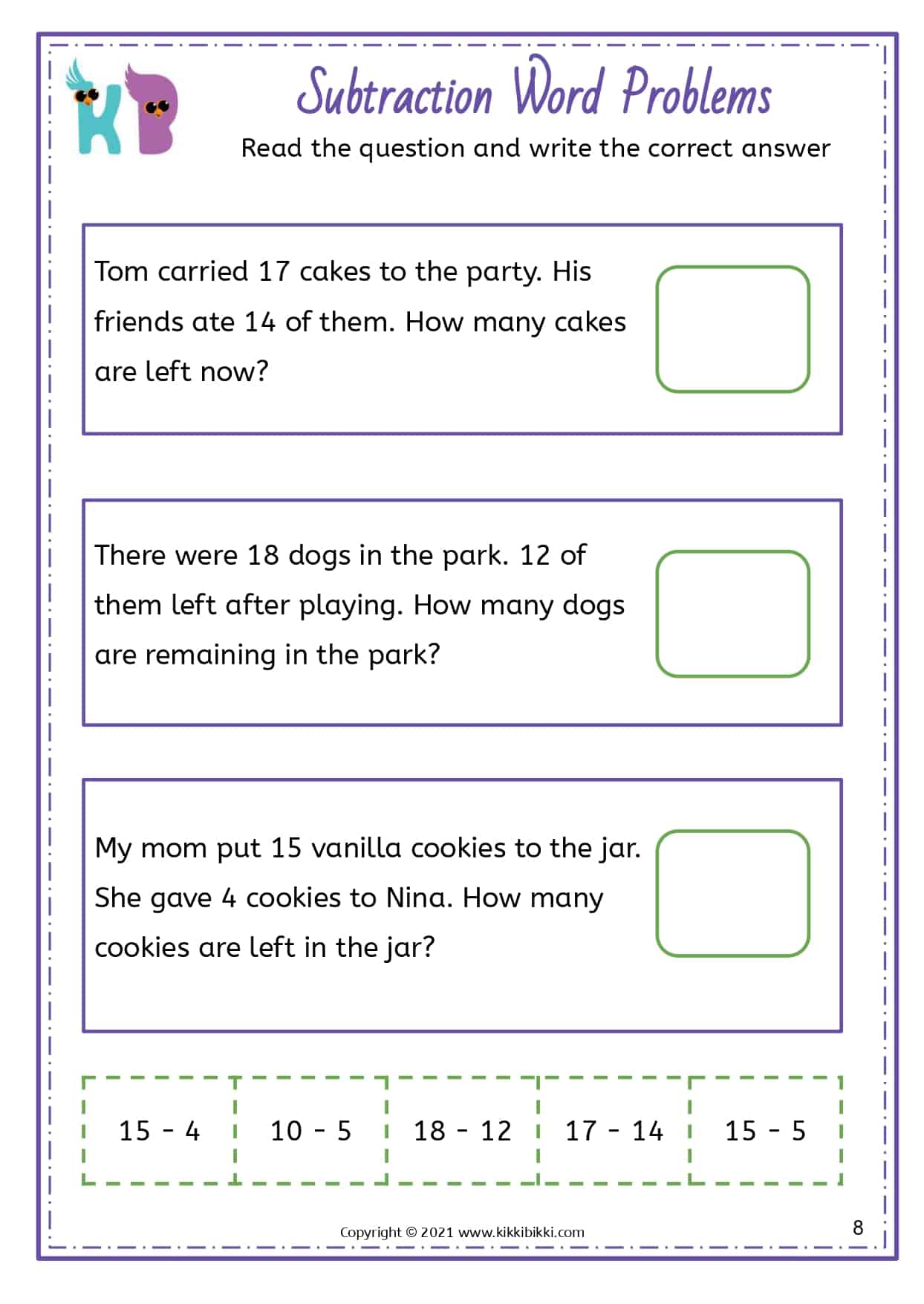 SUBTRACTION - Free Math Printable Worksheets - KikkiBikki