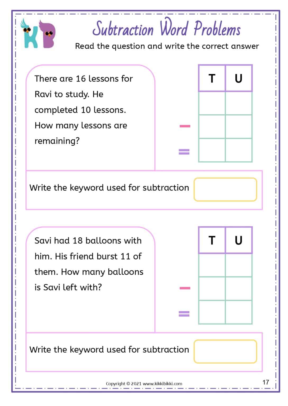 SUBTRACTION - Free Math Printable Worksheets - KikkiBikki