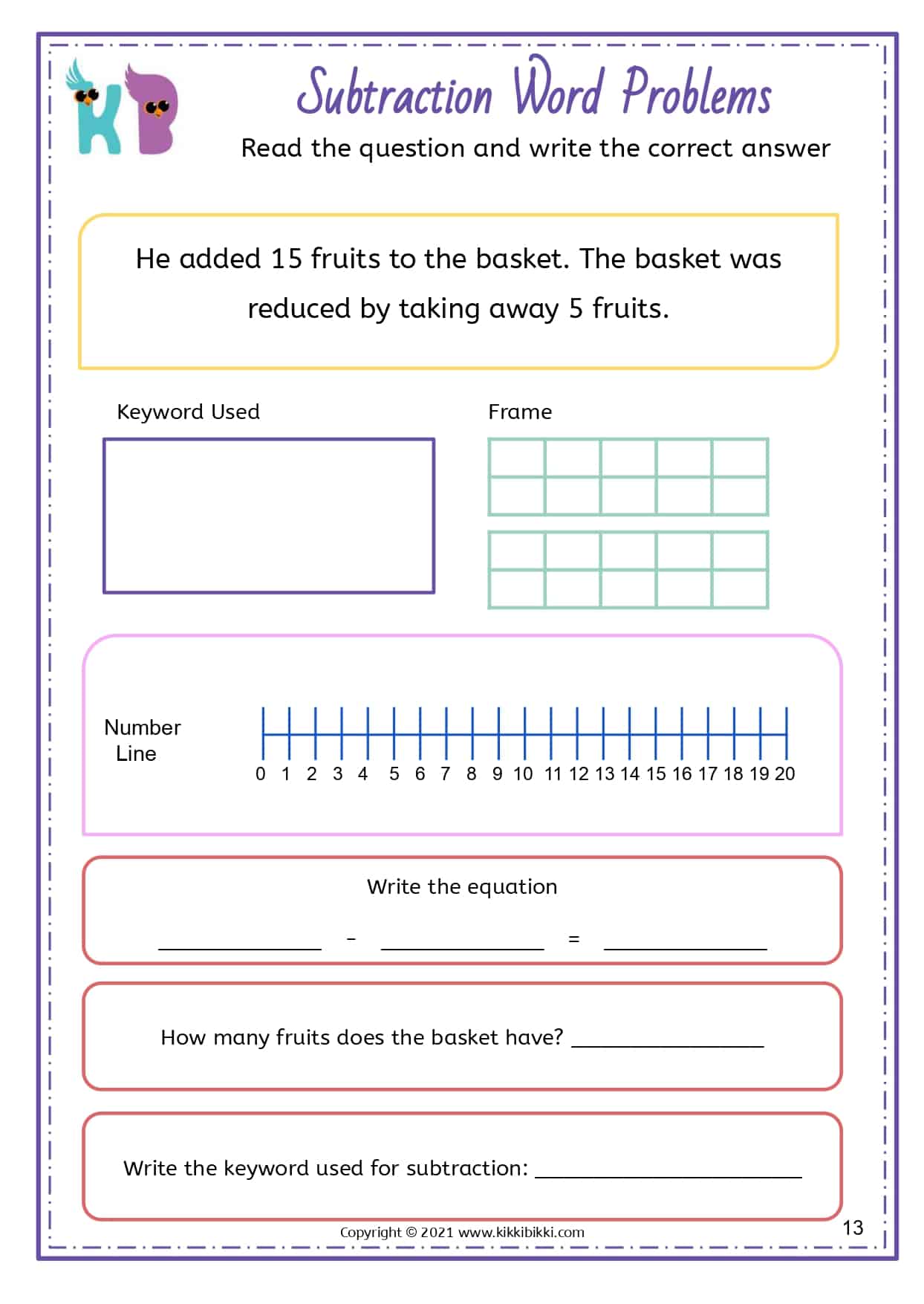 SUBTRACTION - Free Math Printable Worksheets - KikkiBikki