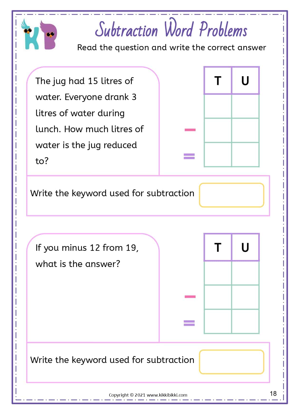 SUBTRACTION - Free Math Printable Worksheets - KikkiBikki