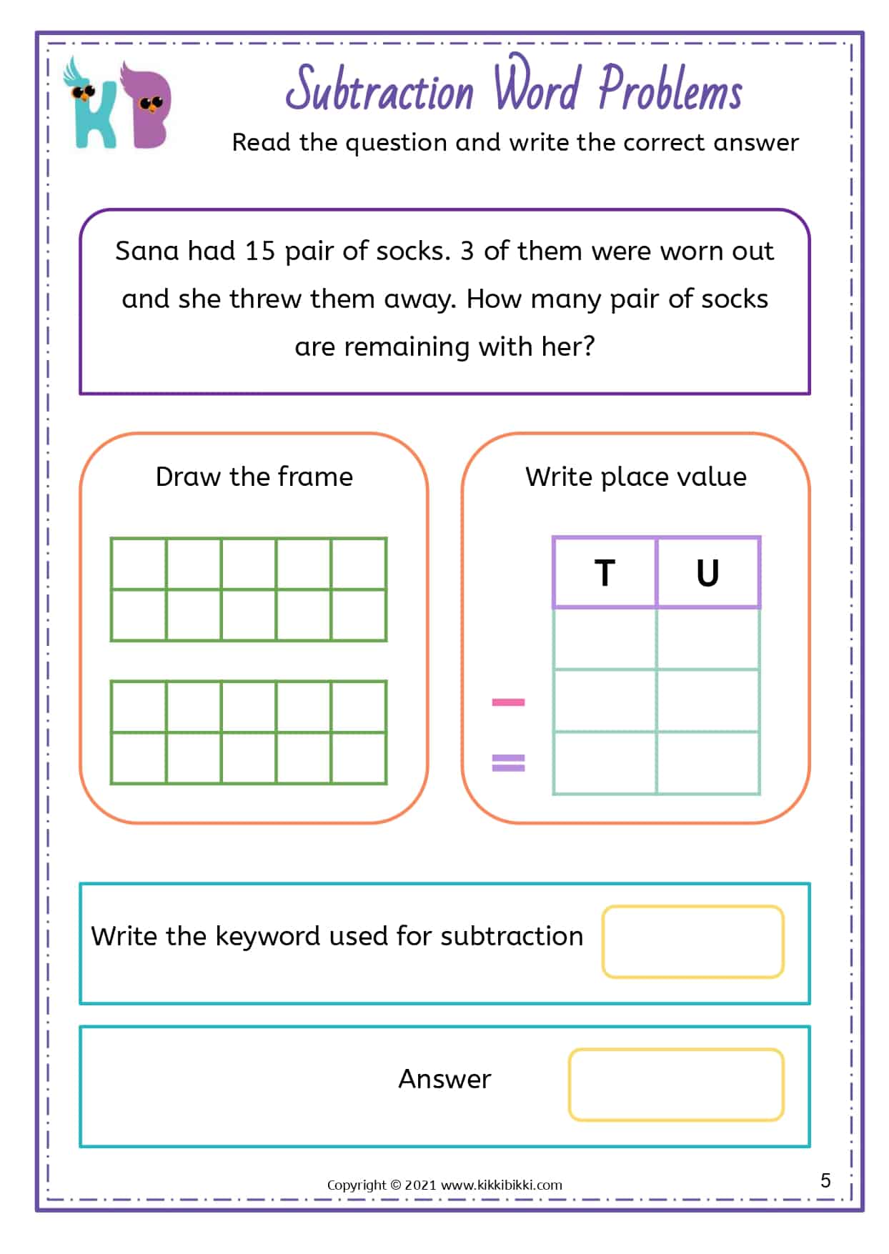 SUBTRACTION - Free Math Printable Worksheets - KikkiBikki