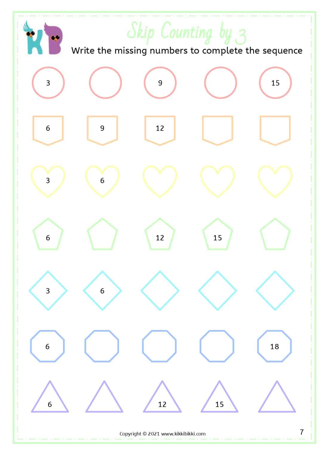 Free Math Kindergarten Worksheets - SKIP COUNTING by 3