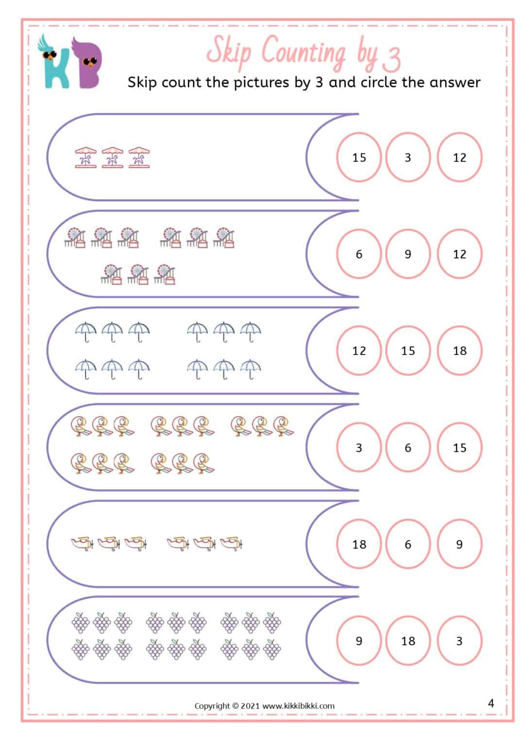 Free Math Kindergarten Worksheets - SKIP COUNTING by 3