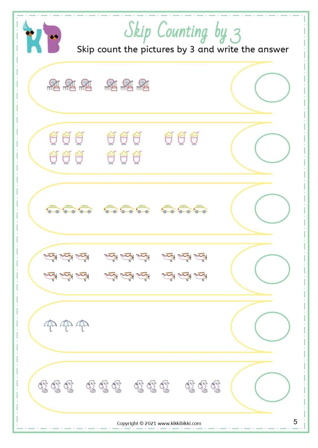 Free Math Kindergarten Worksheets - SKIP COUNTING by 3