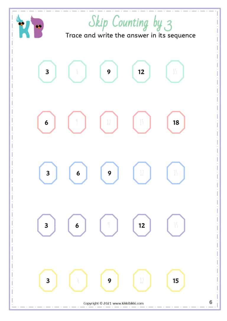 Free Math Kindergarten Worksheets - SKIP COUNTING by 3