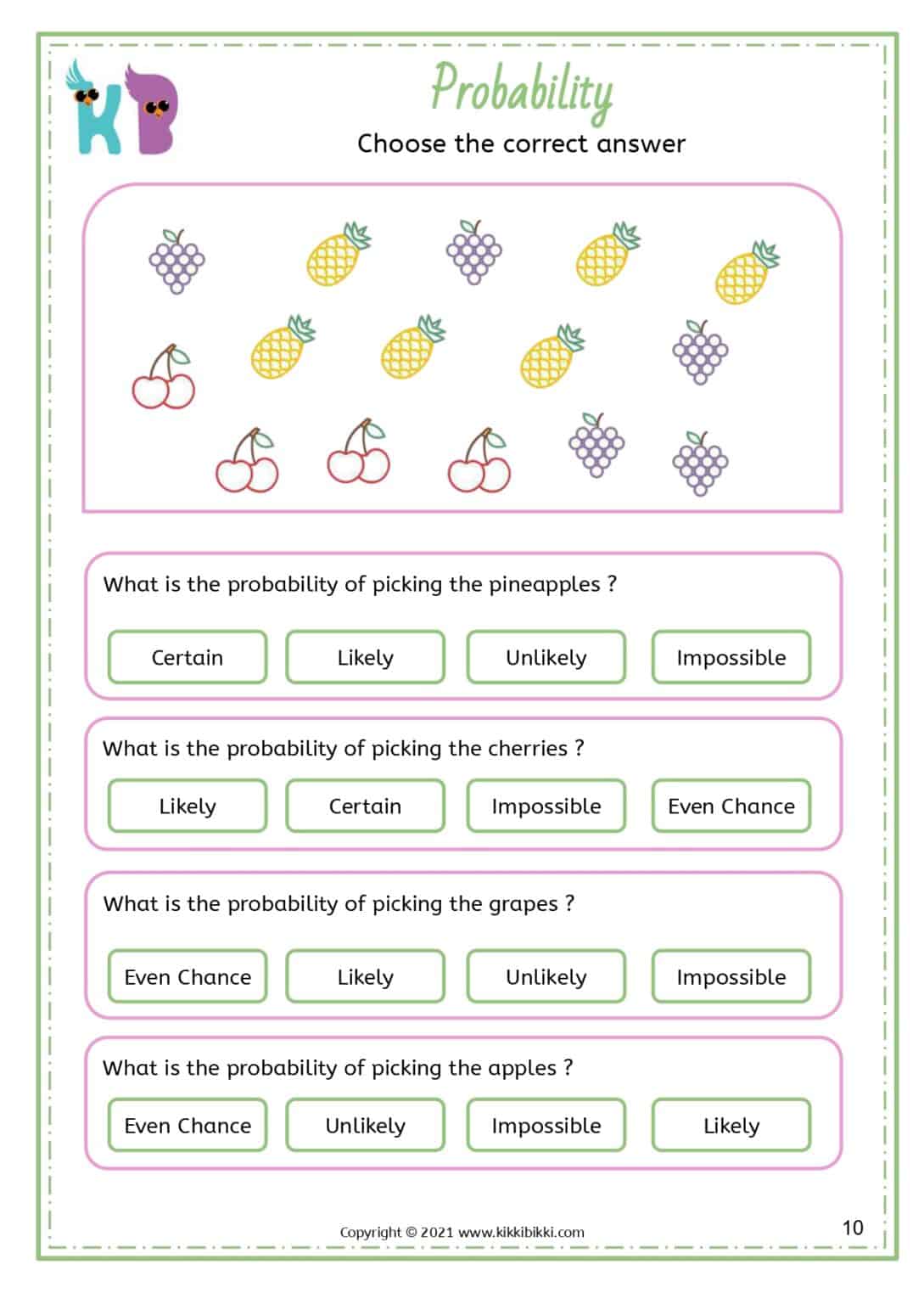 Probability - KINDERGARTEN WORKSHEETS - KikkiBikki