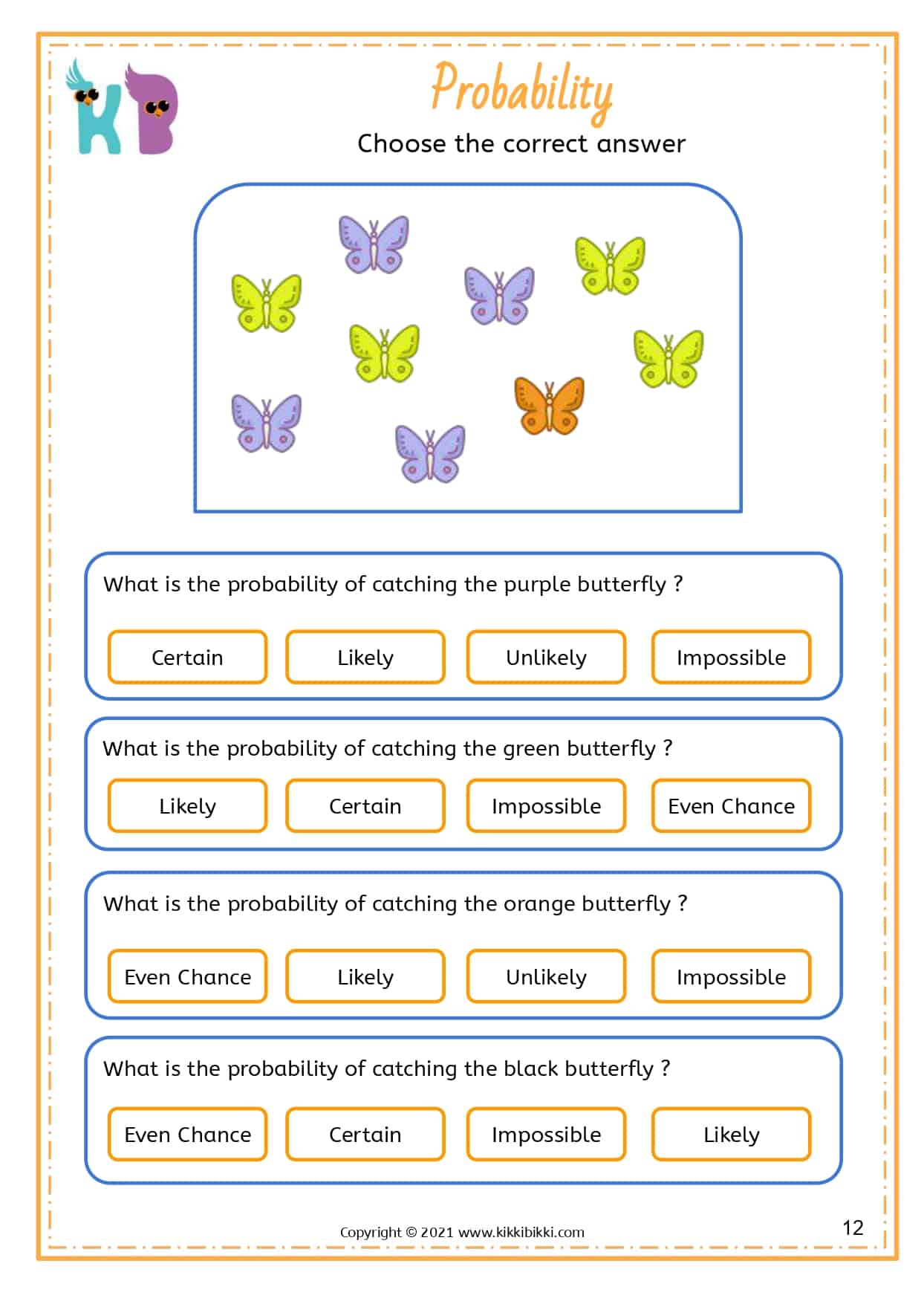 Probability - KINDERGARTEN WORKSHEETS - KikkiBikki