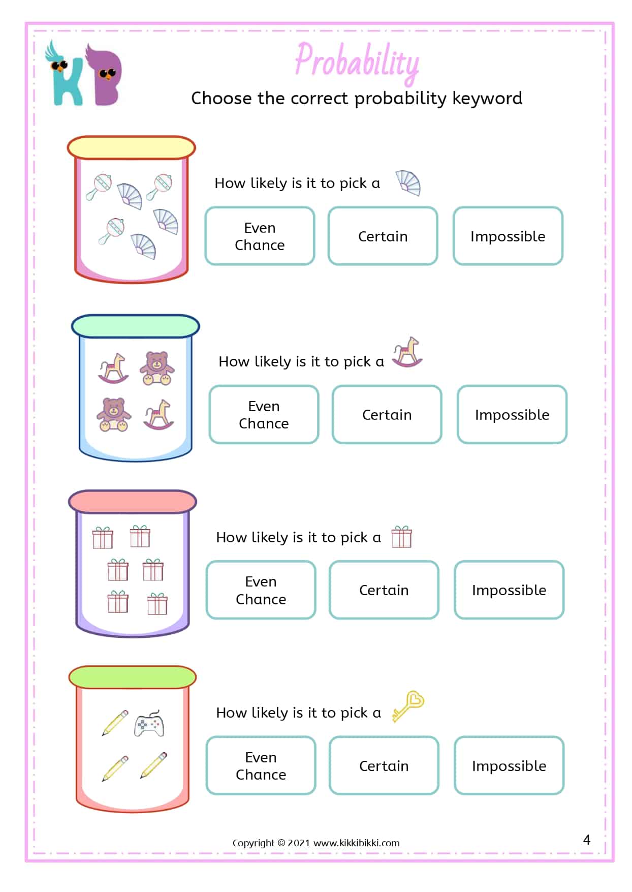 Probability - KINDERGARTEN WORKSHEETS - KikkiBikki