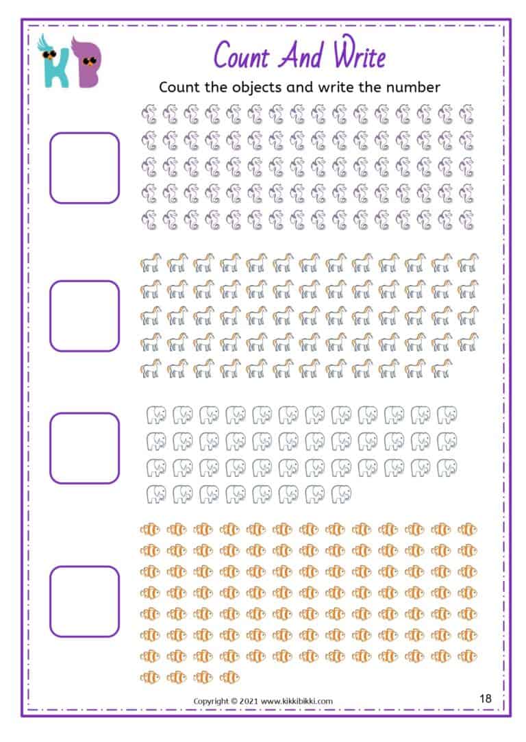 COUNT UP TO 100 - Kindergarten Worksheets - KikkiBikki