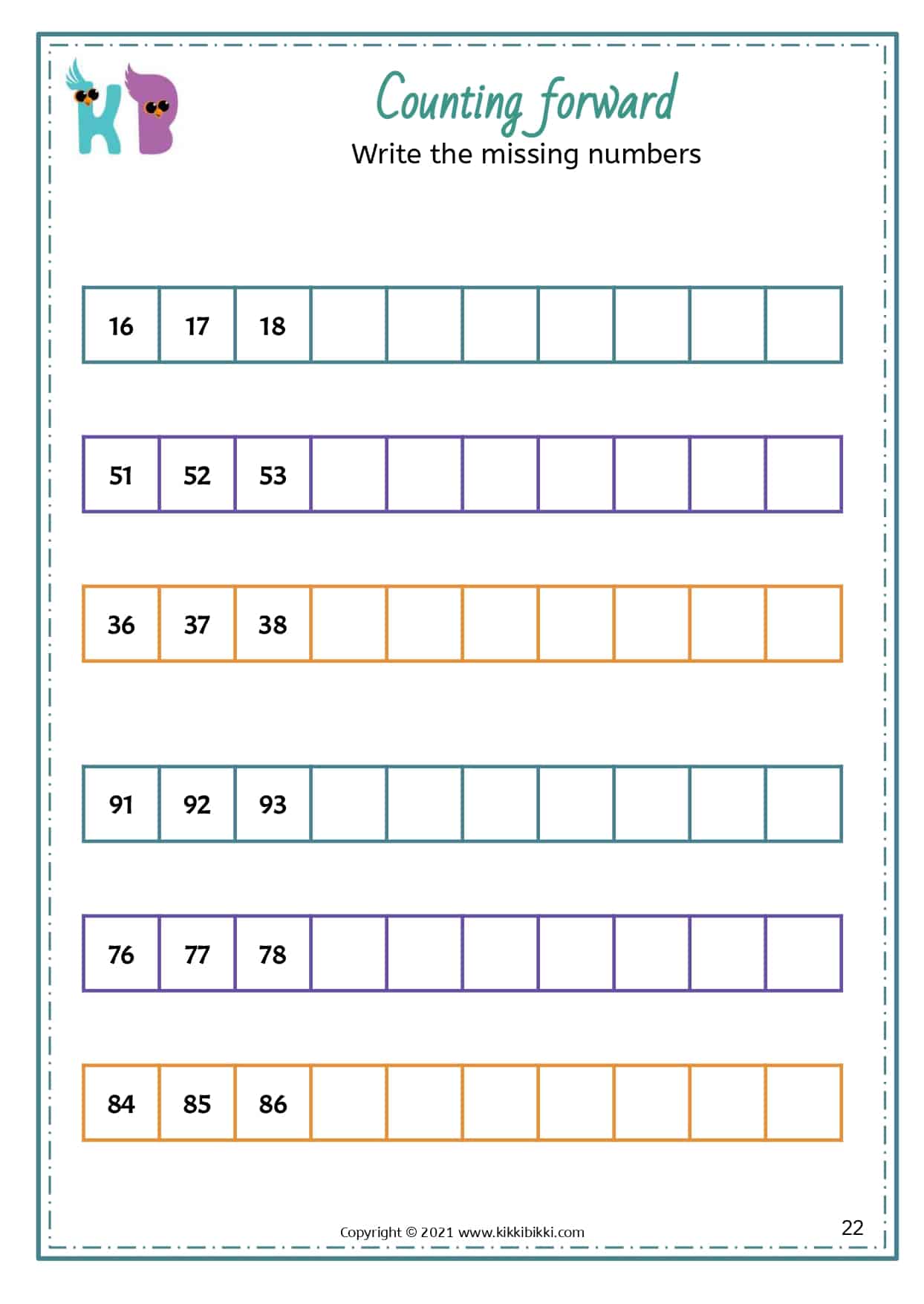 COUNT UP TO 100 - Kindergarten Worksheets - KikkiBikki