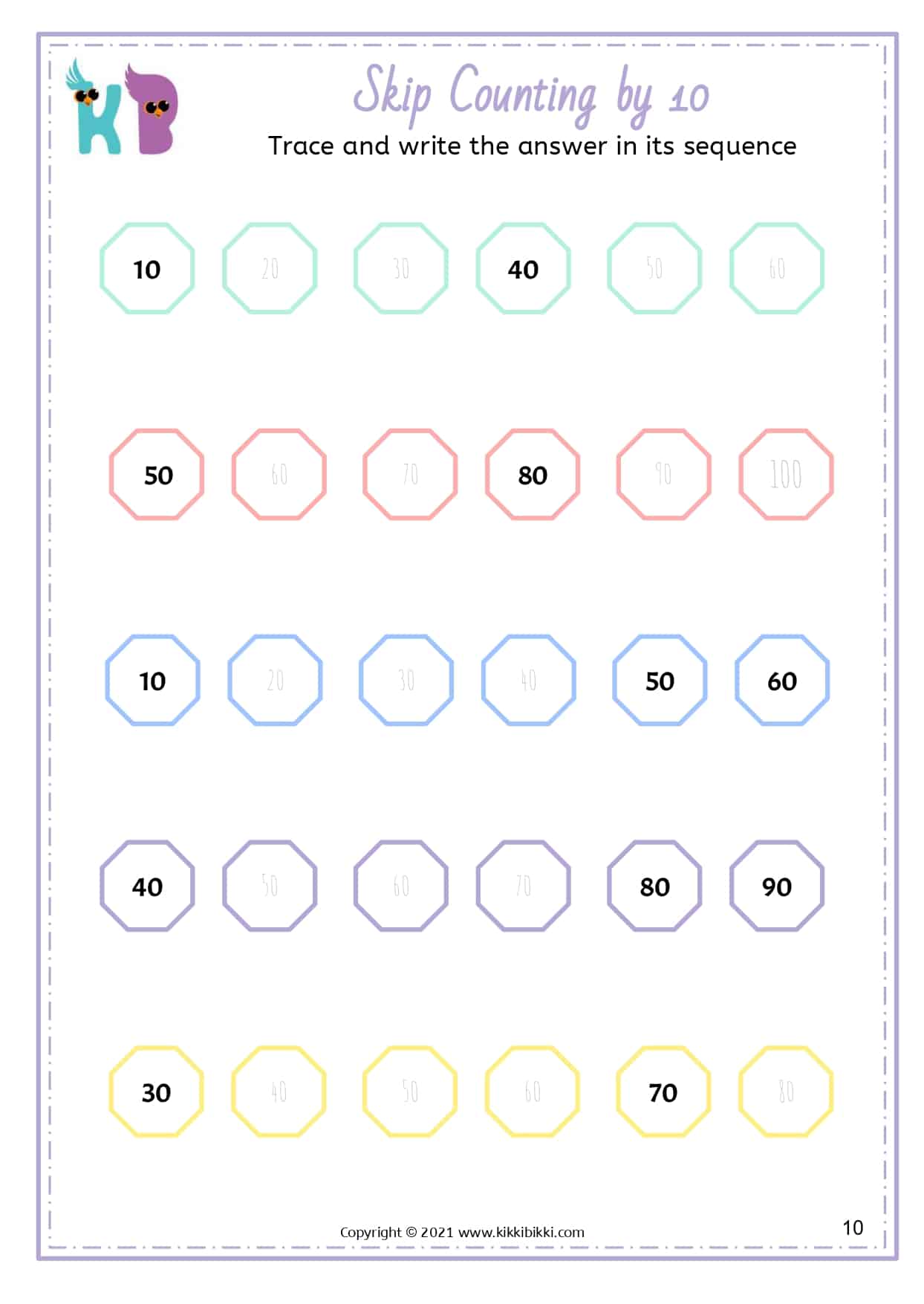 SKIP COUNTING BY 10 - Kindergarten Worksheets - KikkiBikki