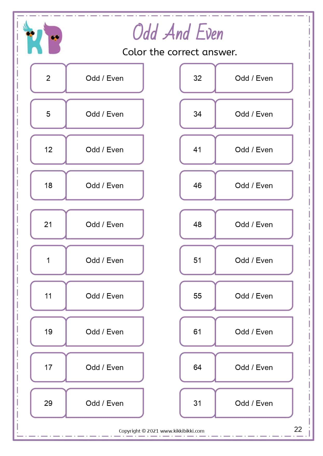 Odd or Even - Free Maths Printable Worksheets - KikkiBikki