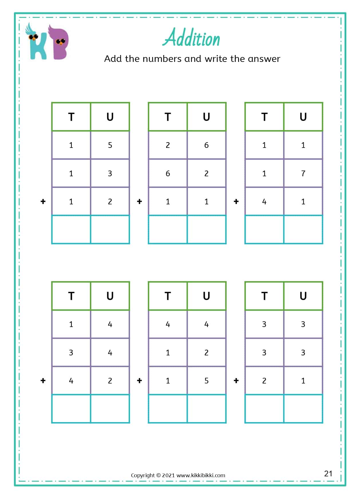 ADDITION - KikkiBikki - Free Math Printable Worksheets
