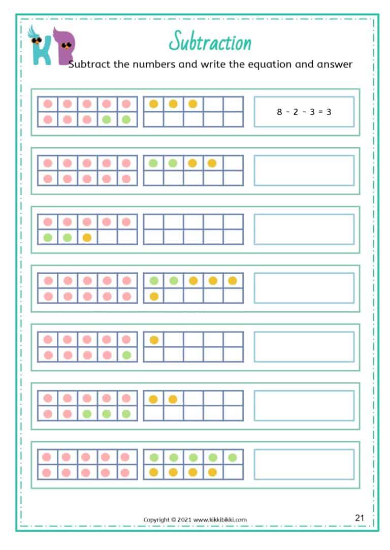 SUBTRACTION Worksheet - KikkiBikki - Free Math Printable