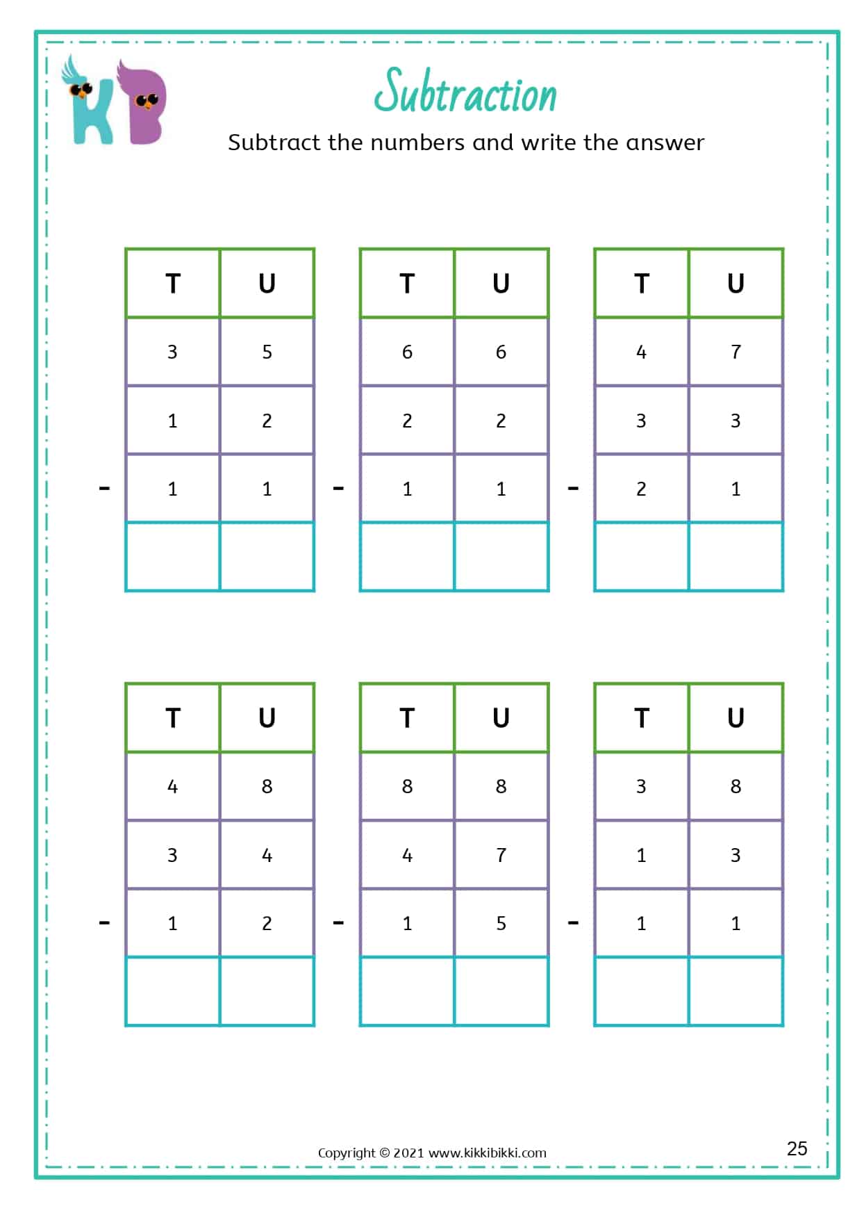 SUBTRACTION Worksheet - KikkiBikki - Free Math Printable