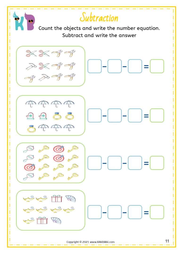SUBTRACTION Worksheet - KikkiBikki - Free Math Printable