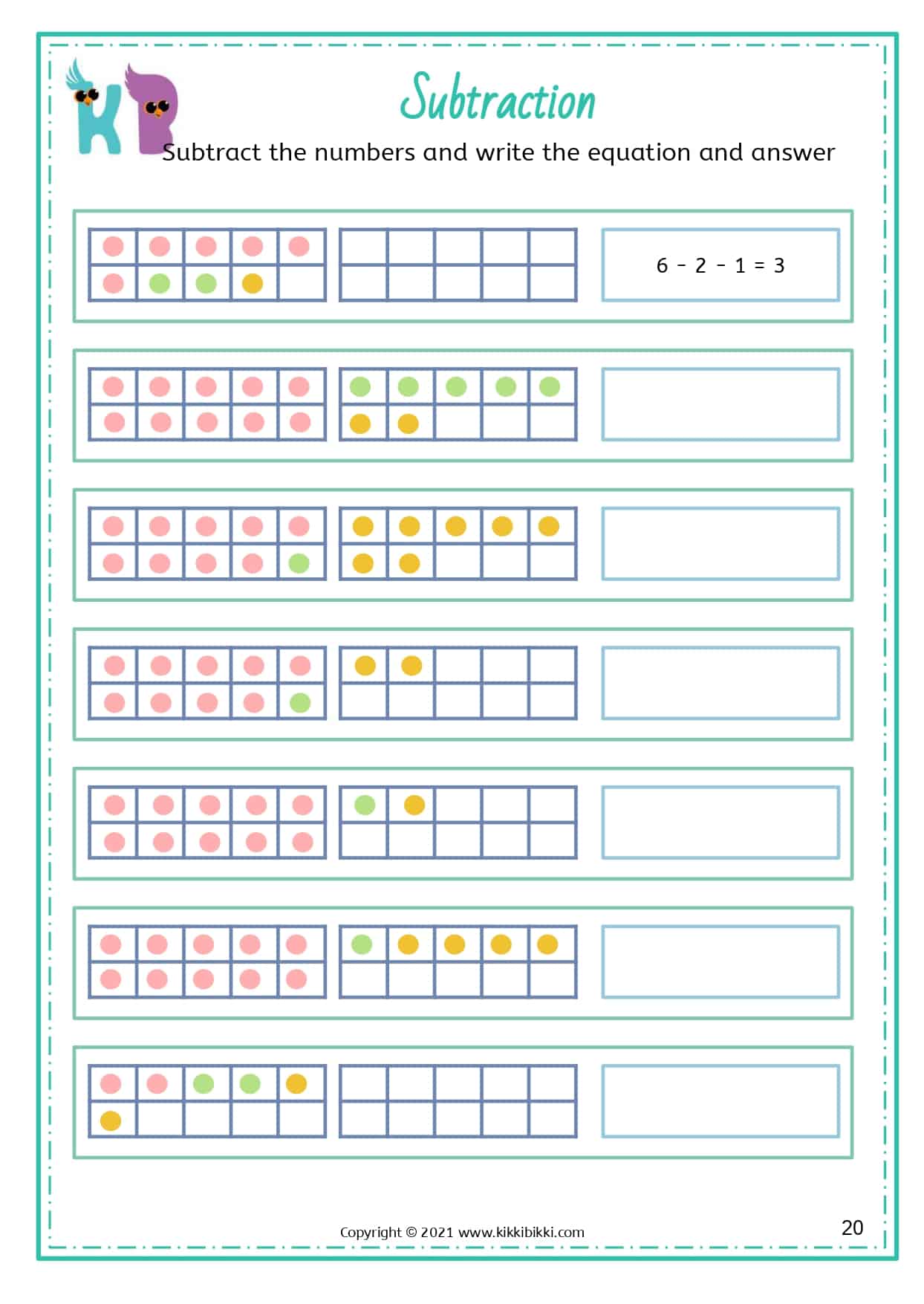 SUBTRACTION Worksheet - KikkiBikki - Free Math Printable