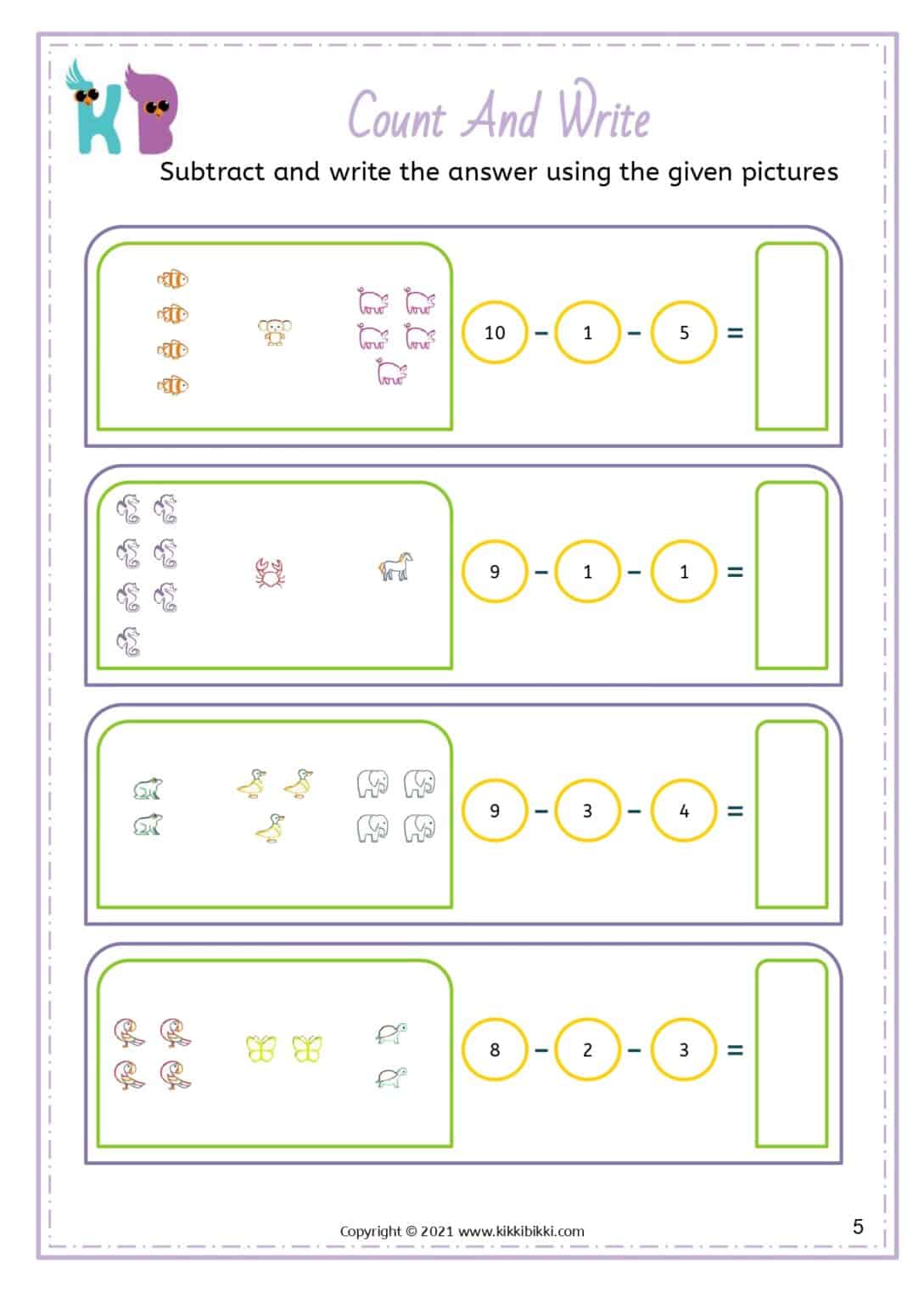 SUBTRACTION Worksheet - KikkiBikki - Free Math Printable