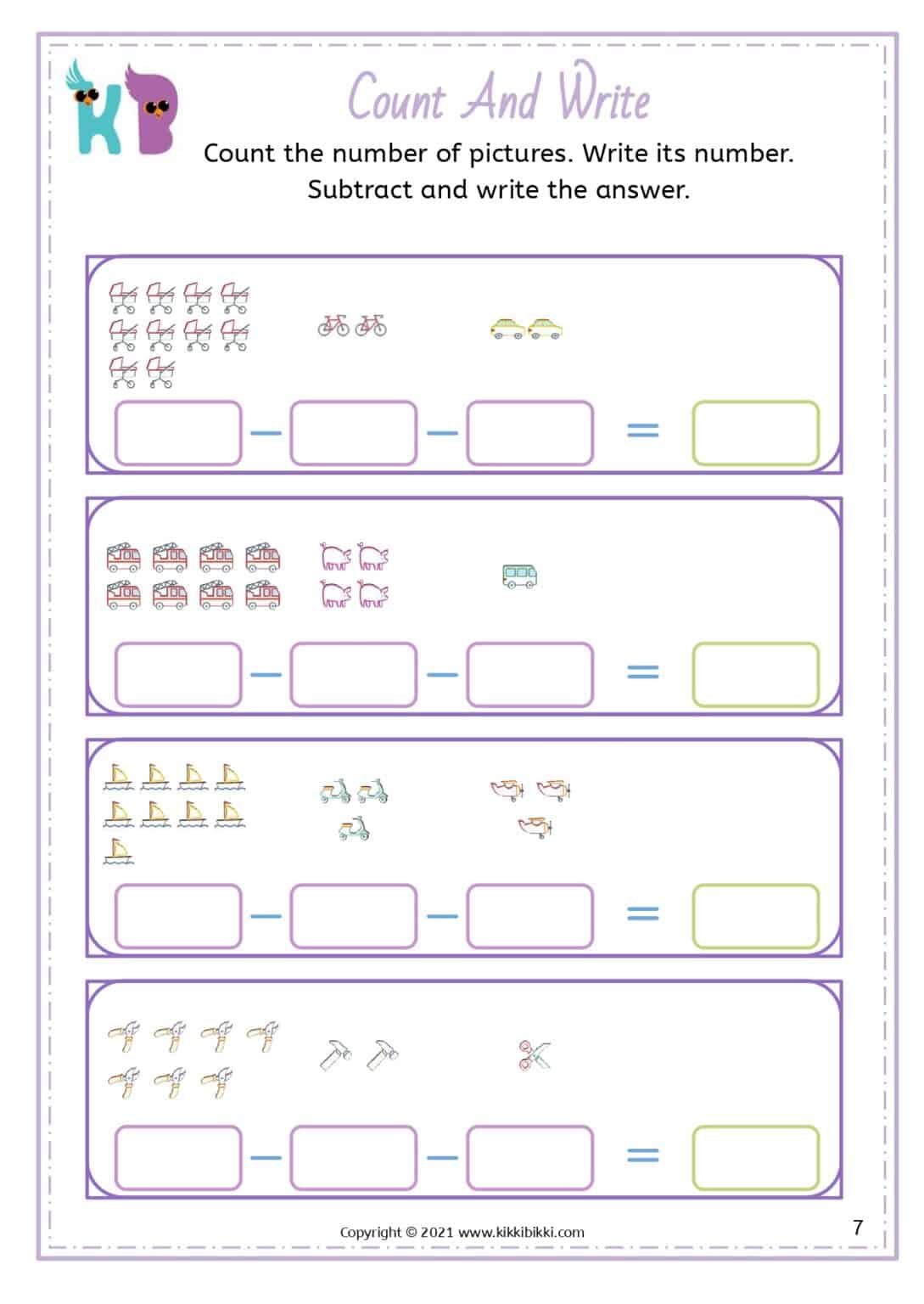 SUBTRACTION Worksheet - KikkiBikki - Free Math Printable