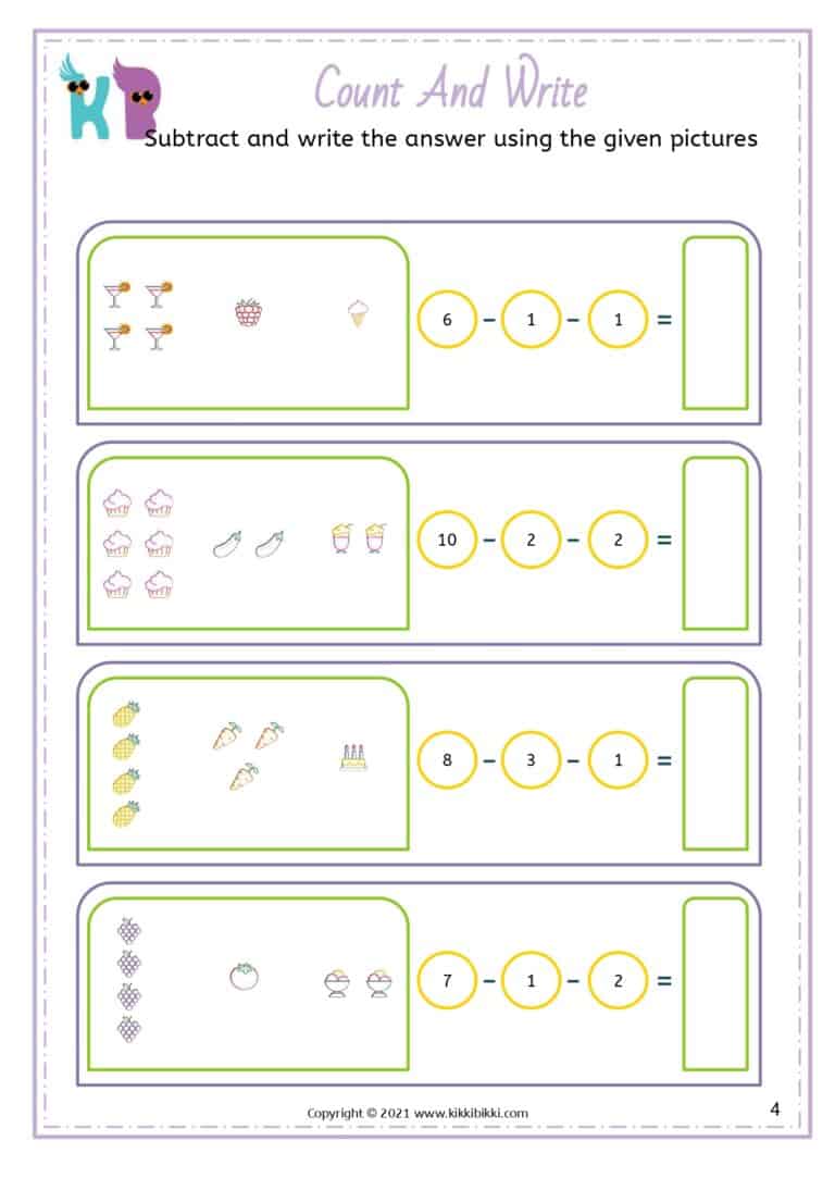 SUBTRACTION Worksheet - KikkiBikki - Free Math Printable