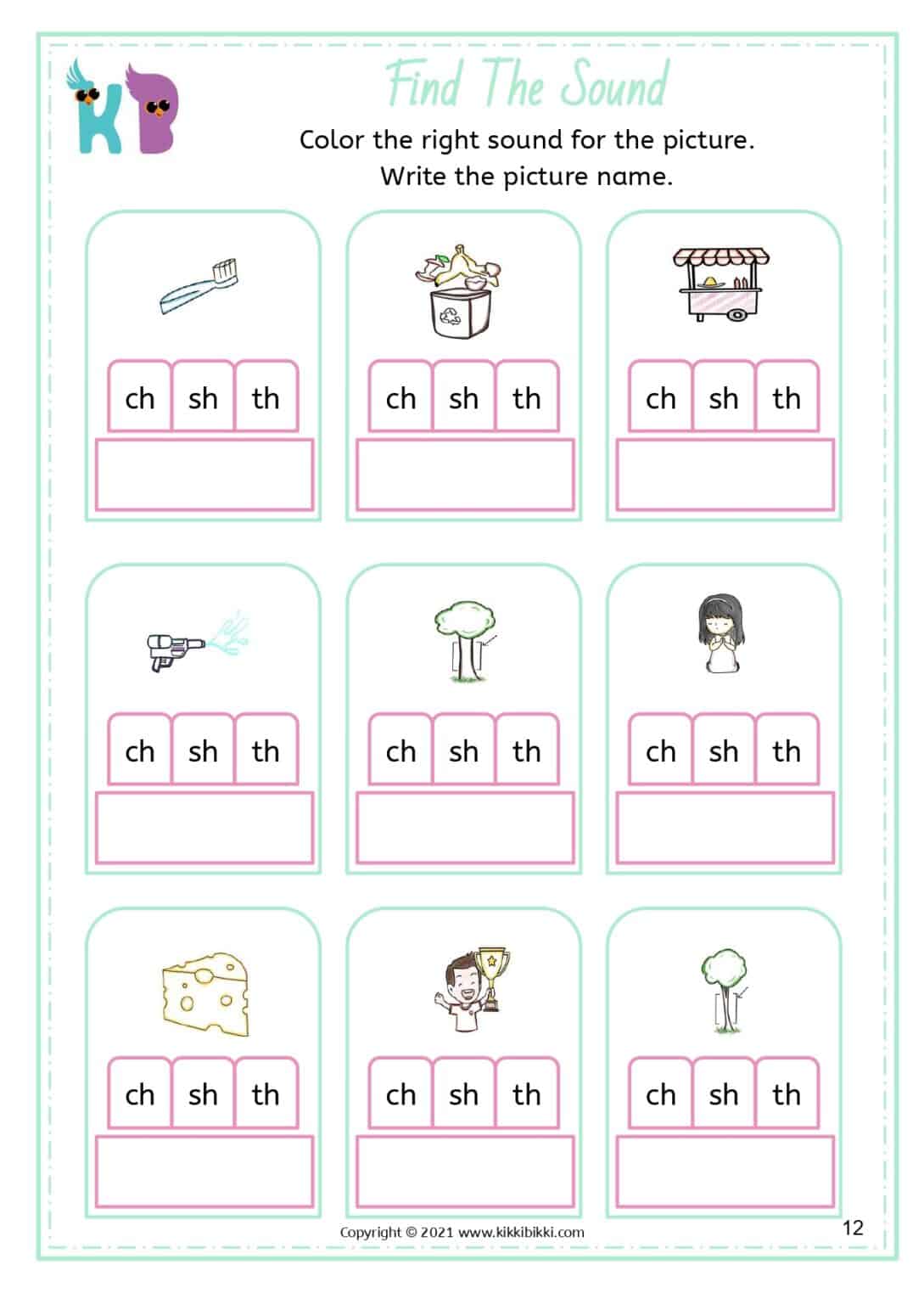 ch, sh, th Worksheets for Kindergarten - Free Printable - KikkiBikki