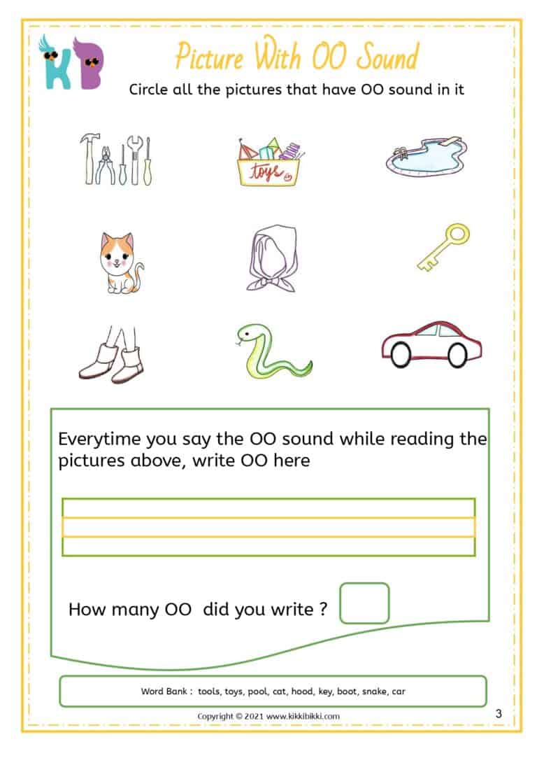 oo Words - Kindergarten Worksheet - Free Phonics Printable