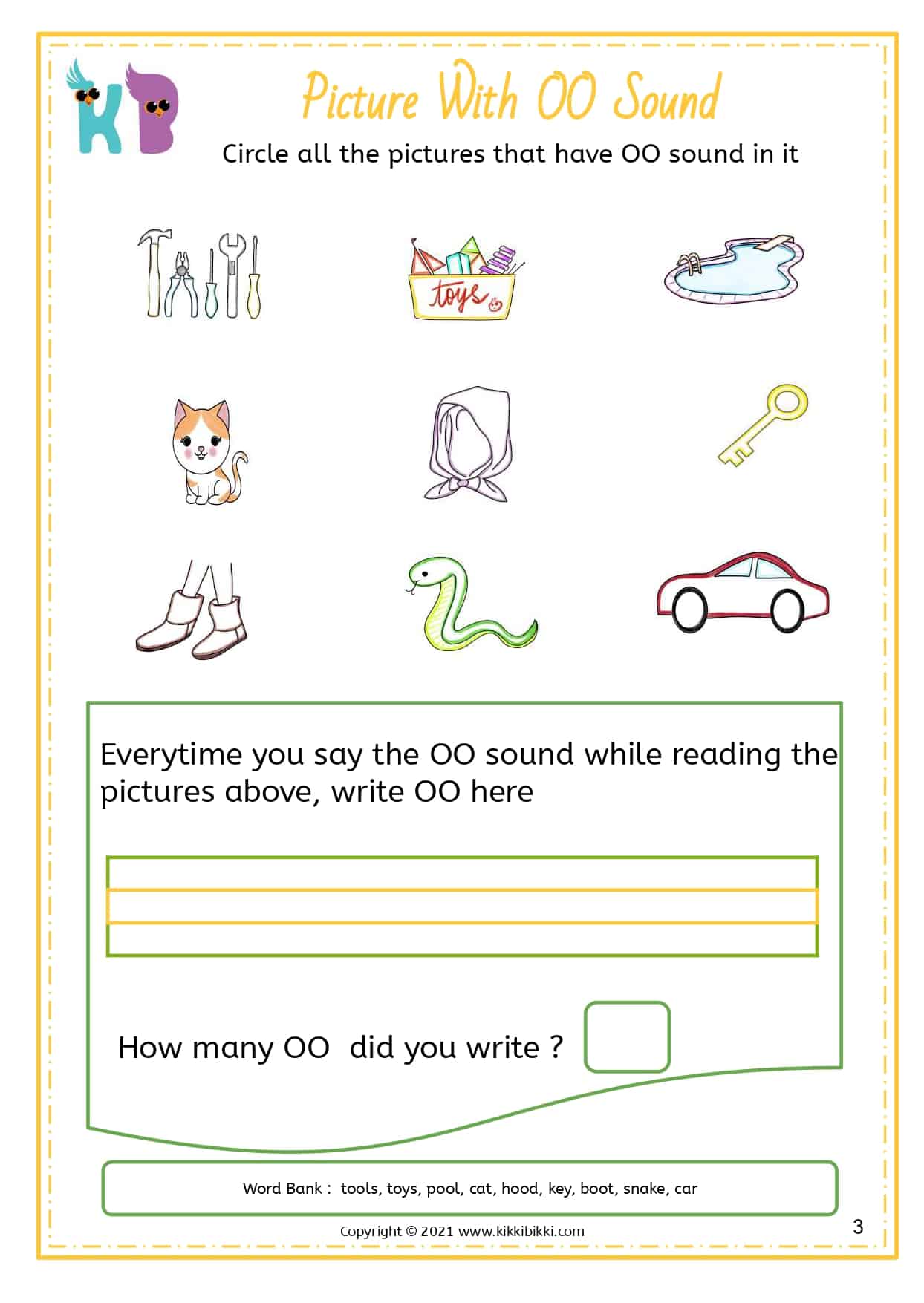 oo Words - Kindergarten Worksheet - Free Phonics Printable