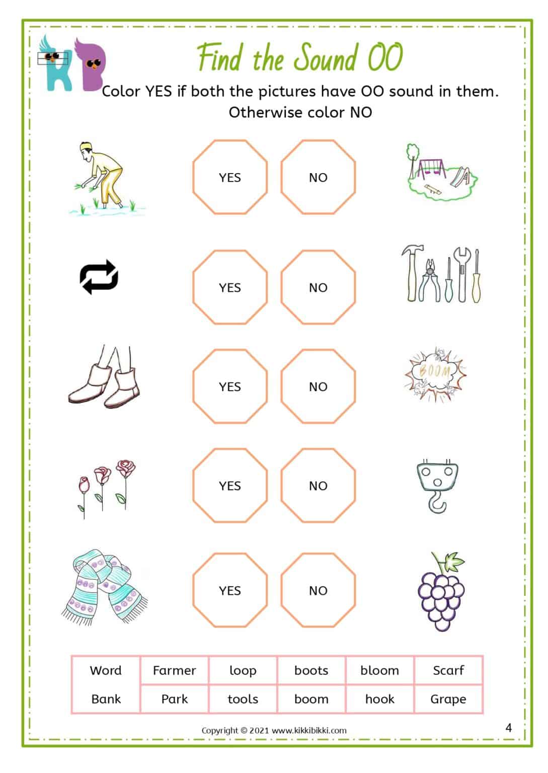 oo Words - Kindergarten Worksheet - Free Phonics Printable