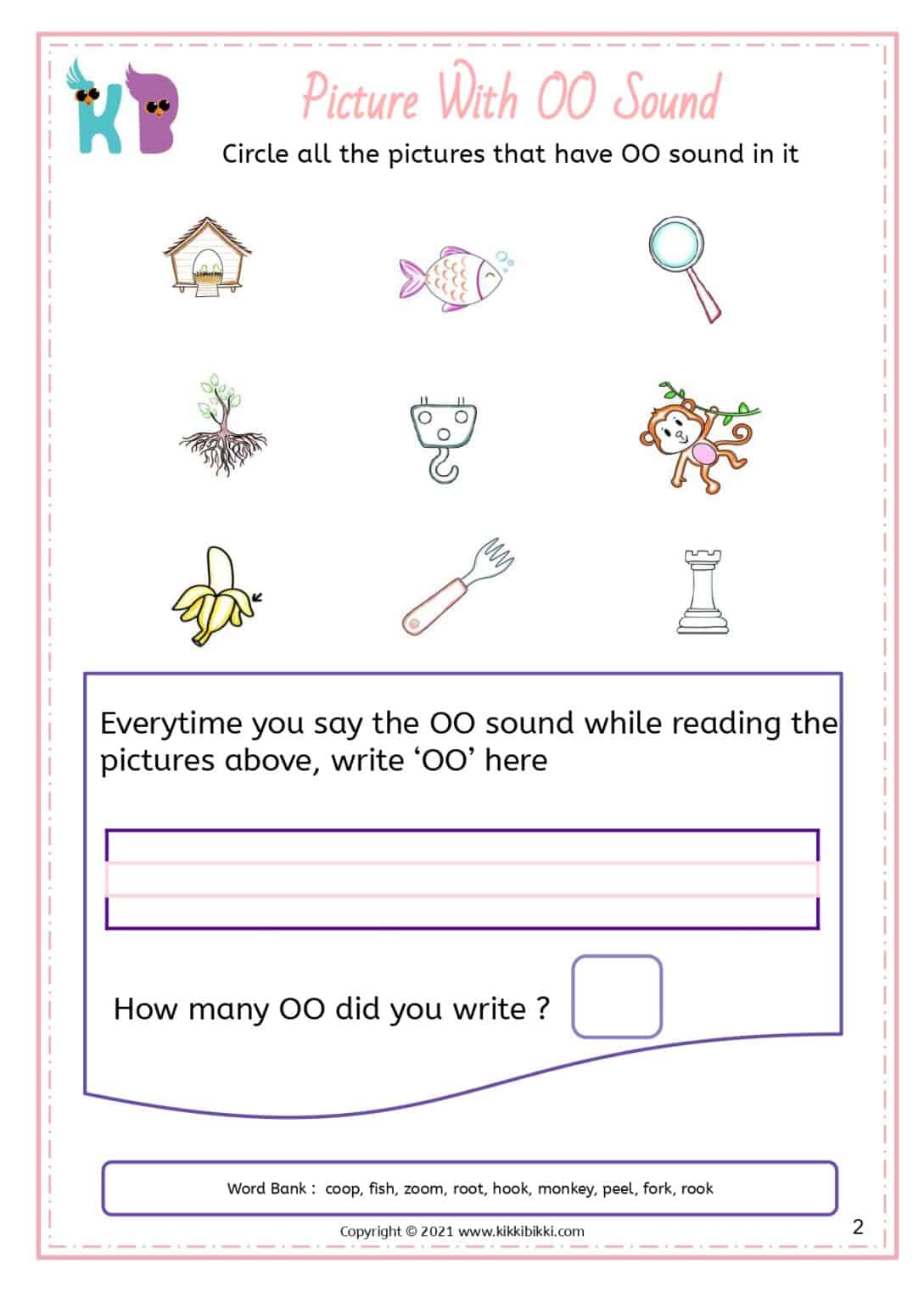 oo Words - Kindergarten Worksheet - Free Phonics Printable