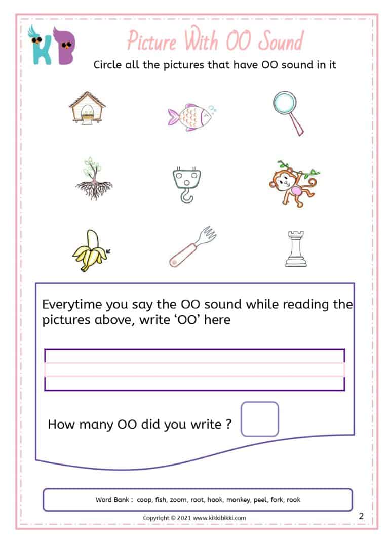 oo Words - Kindergarten Worksheet - Free Phonics Printable