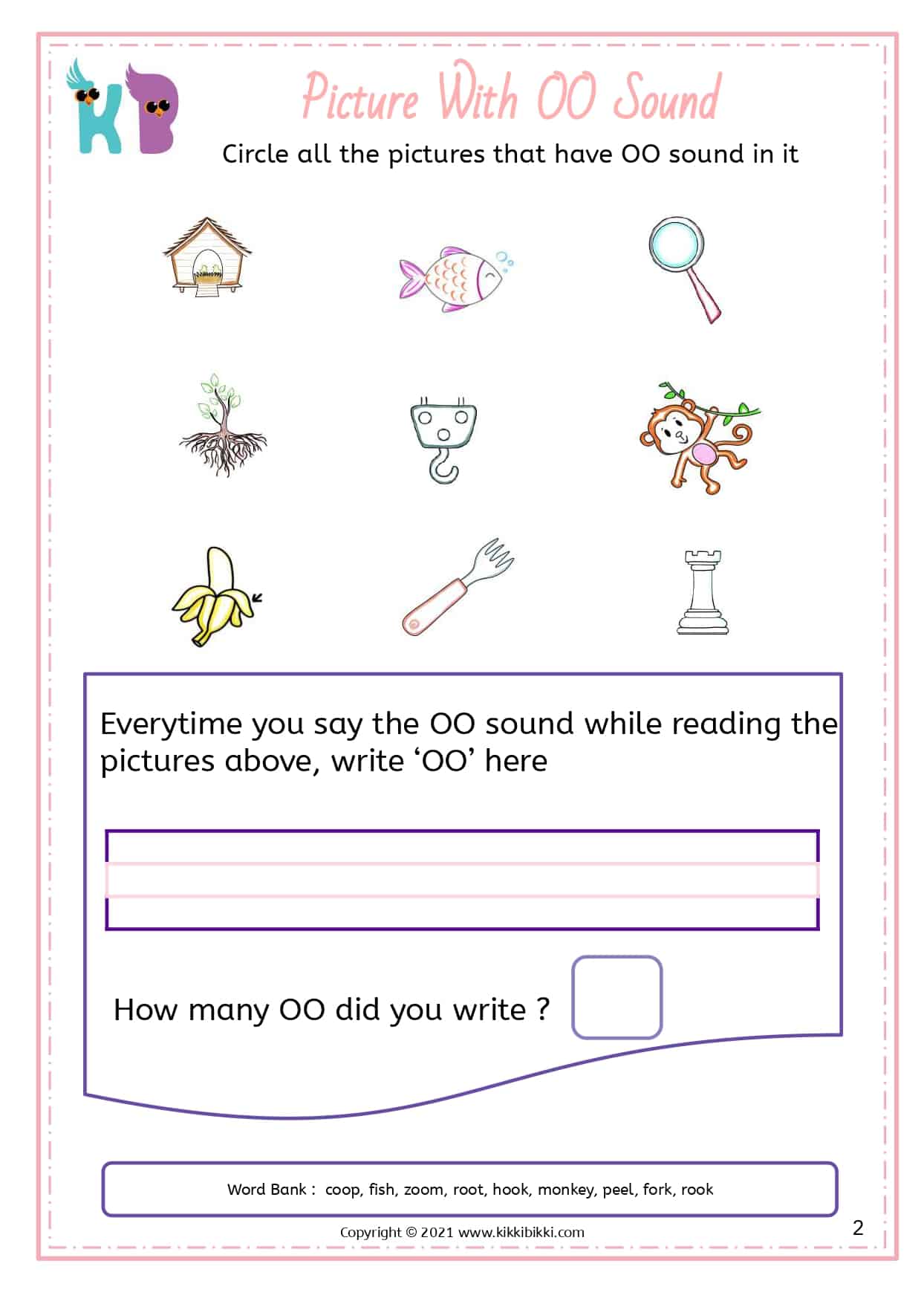 oo Words - Kindergarten Worksheet - Free Phonics Printable