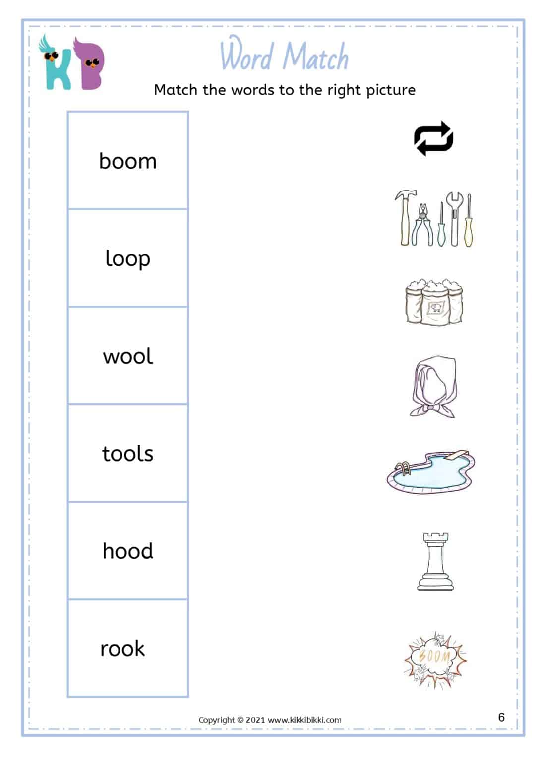 oo Words - Kindergarten Worksheet - Free Phonics Printable