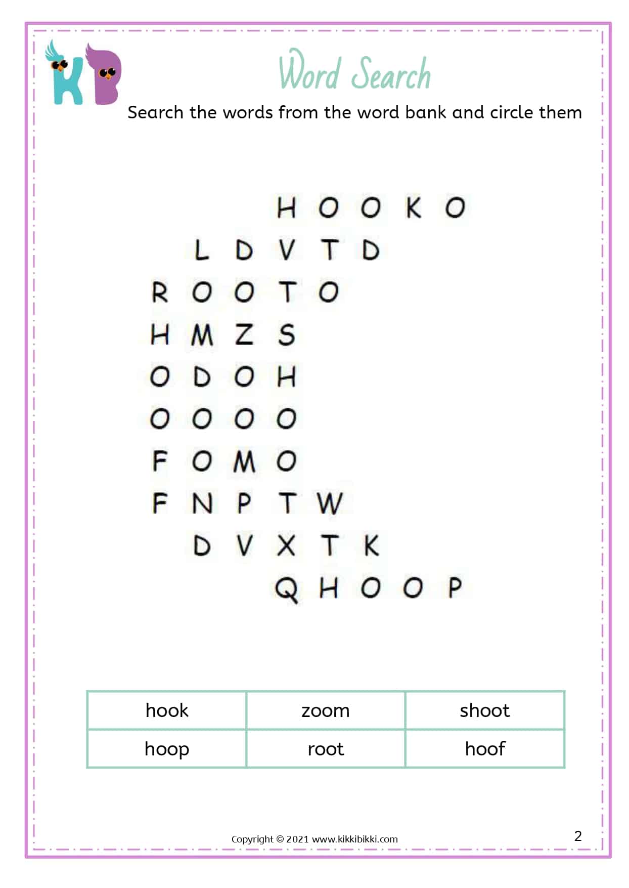 oo Sound - Kindergarten Worksheet - Free Phonics Printable