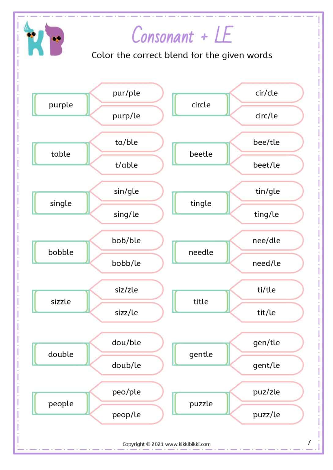 Handling Consonant +le | Free Phonics Printable Worksheets