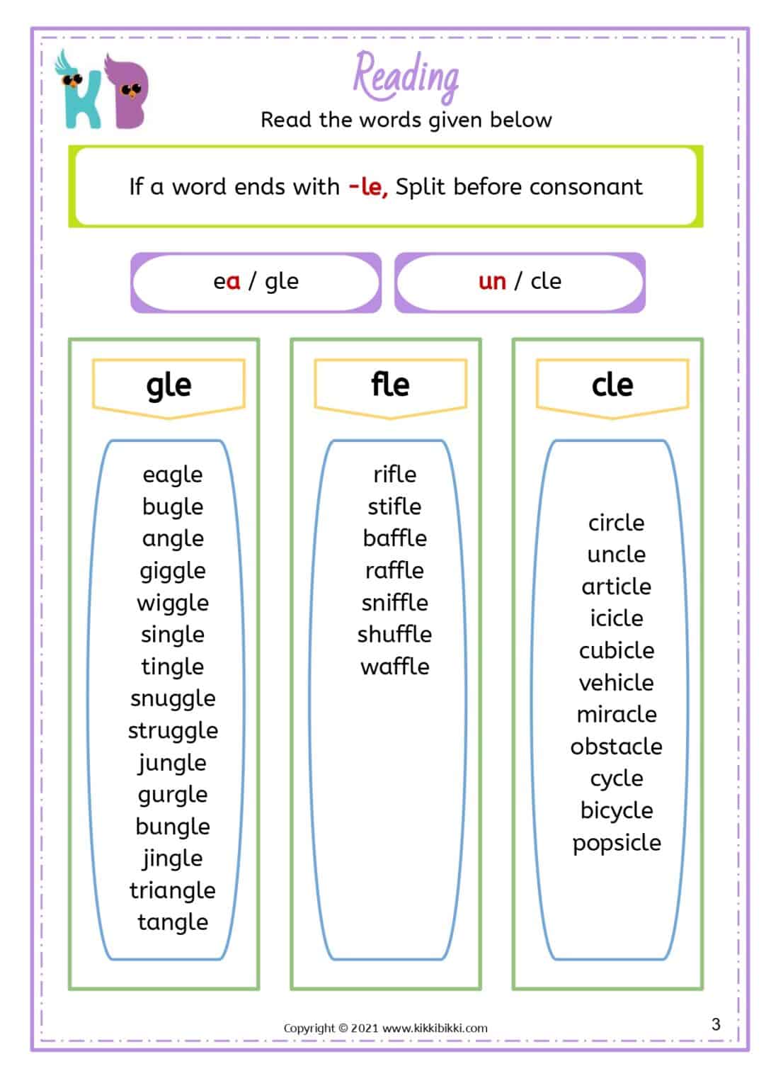 Handling Consonant +le | Free Phonics Printable Worksheets