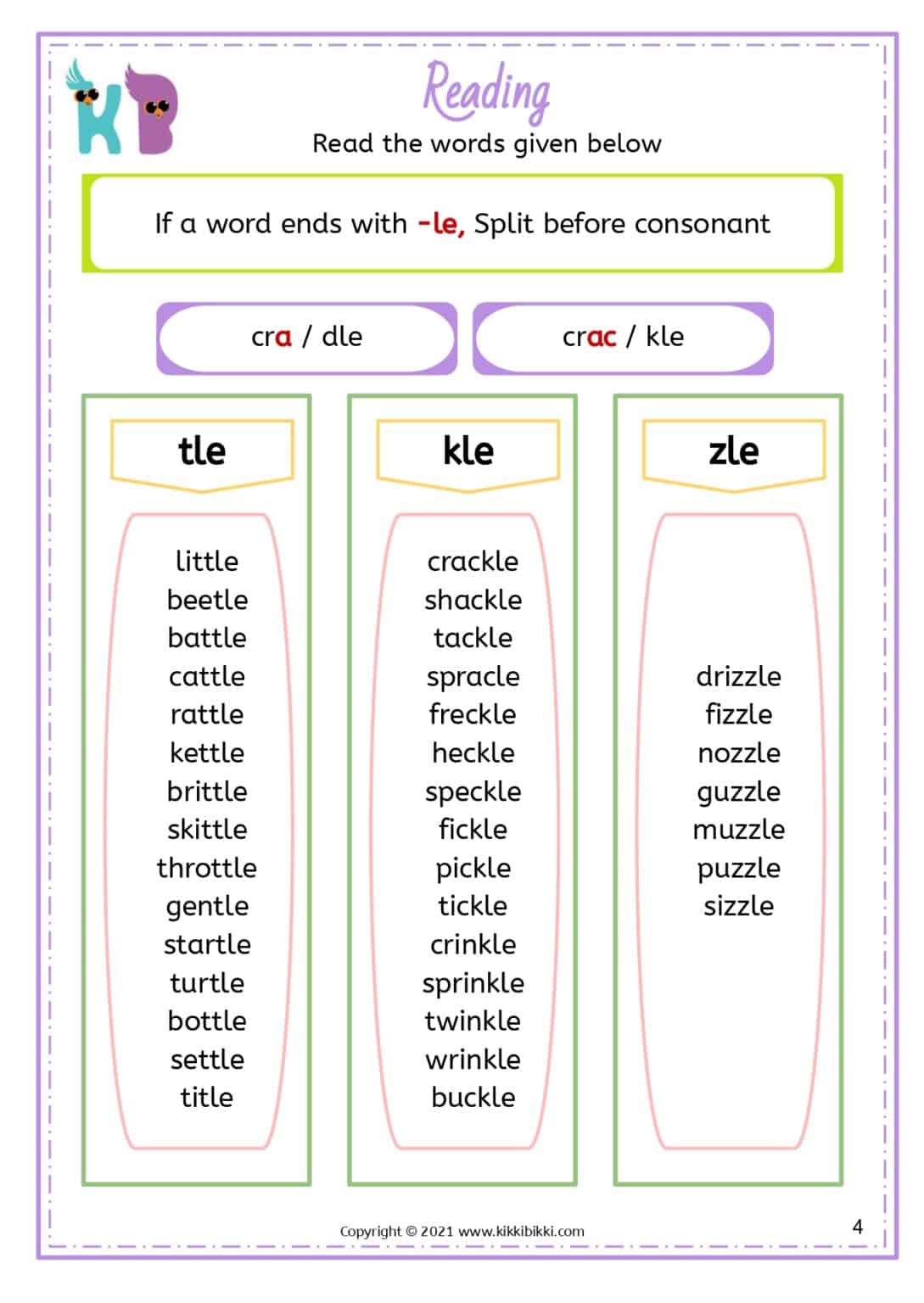 Handling Consonant +le | Free Phonics Printable Worksheets