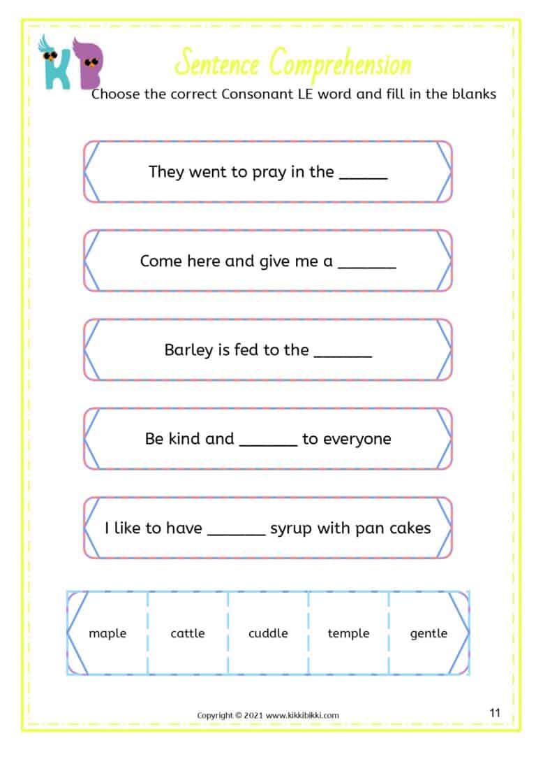 Handling Consonant +le | Free Phonics Printable Worksheets