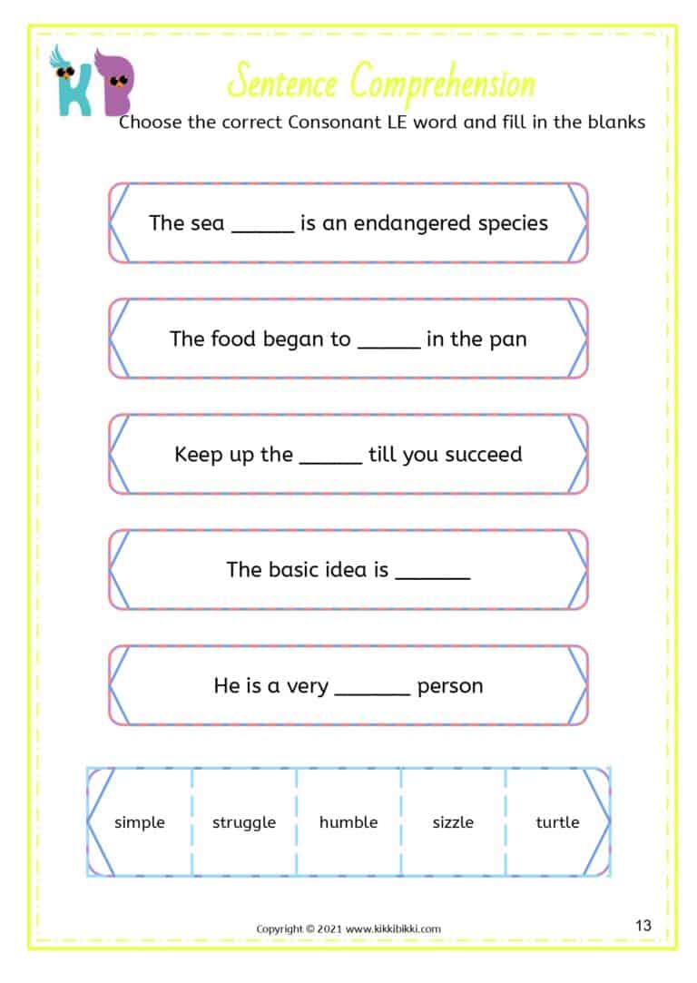 Handling Consonant +le | Free Phonics Printable Worksheets