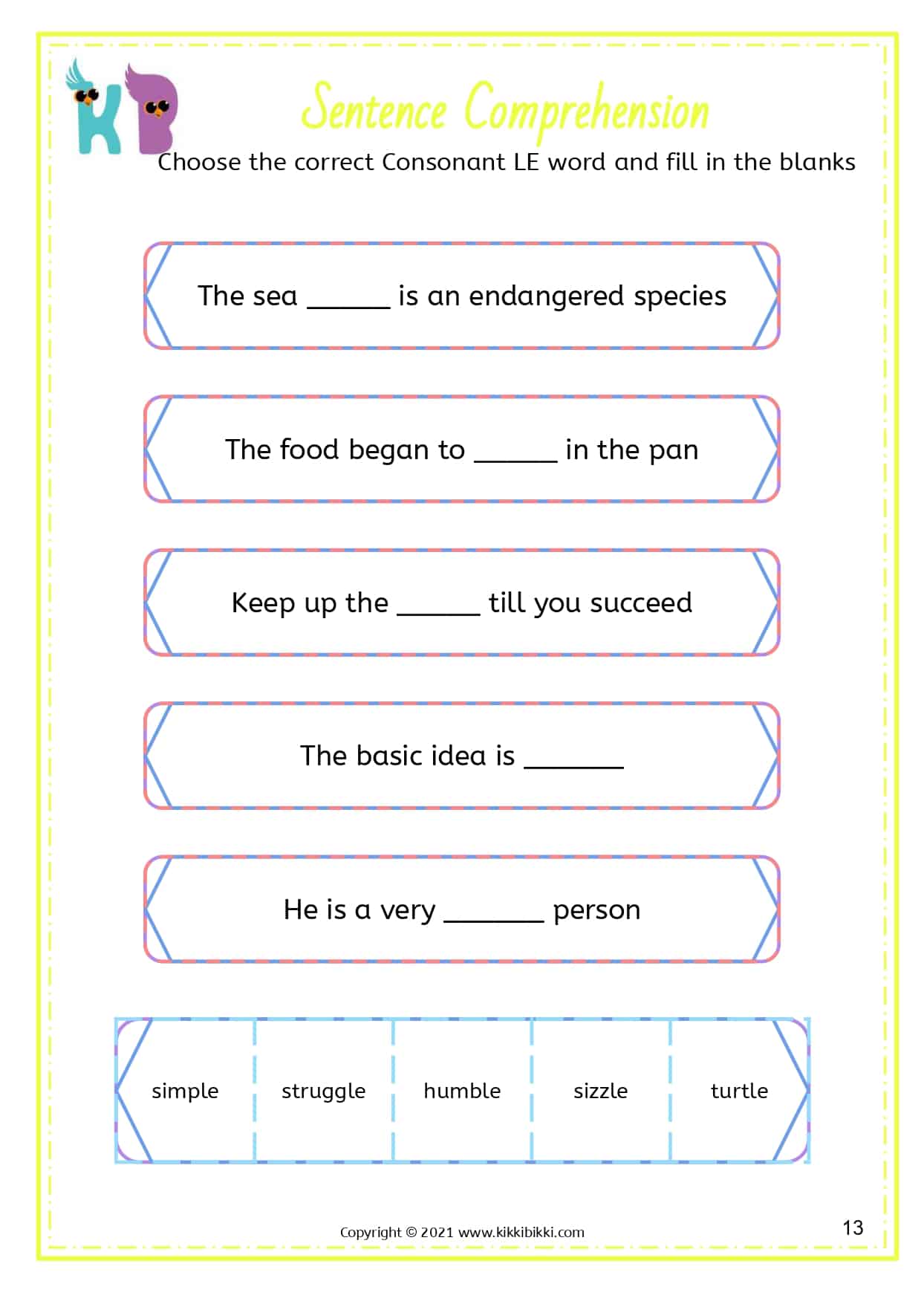 Handling Consonant +le | Free Phonics Printable Worksheets