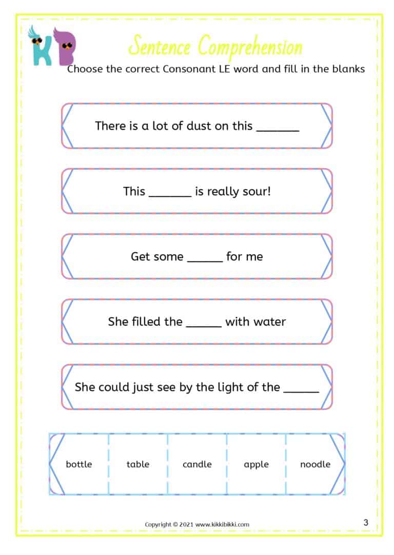 Handling Consonant +le | Free Phonics Printable Worksheets