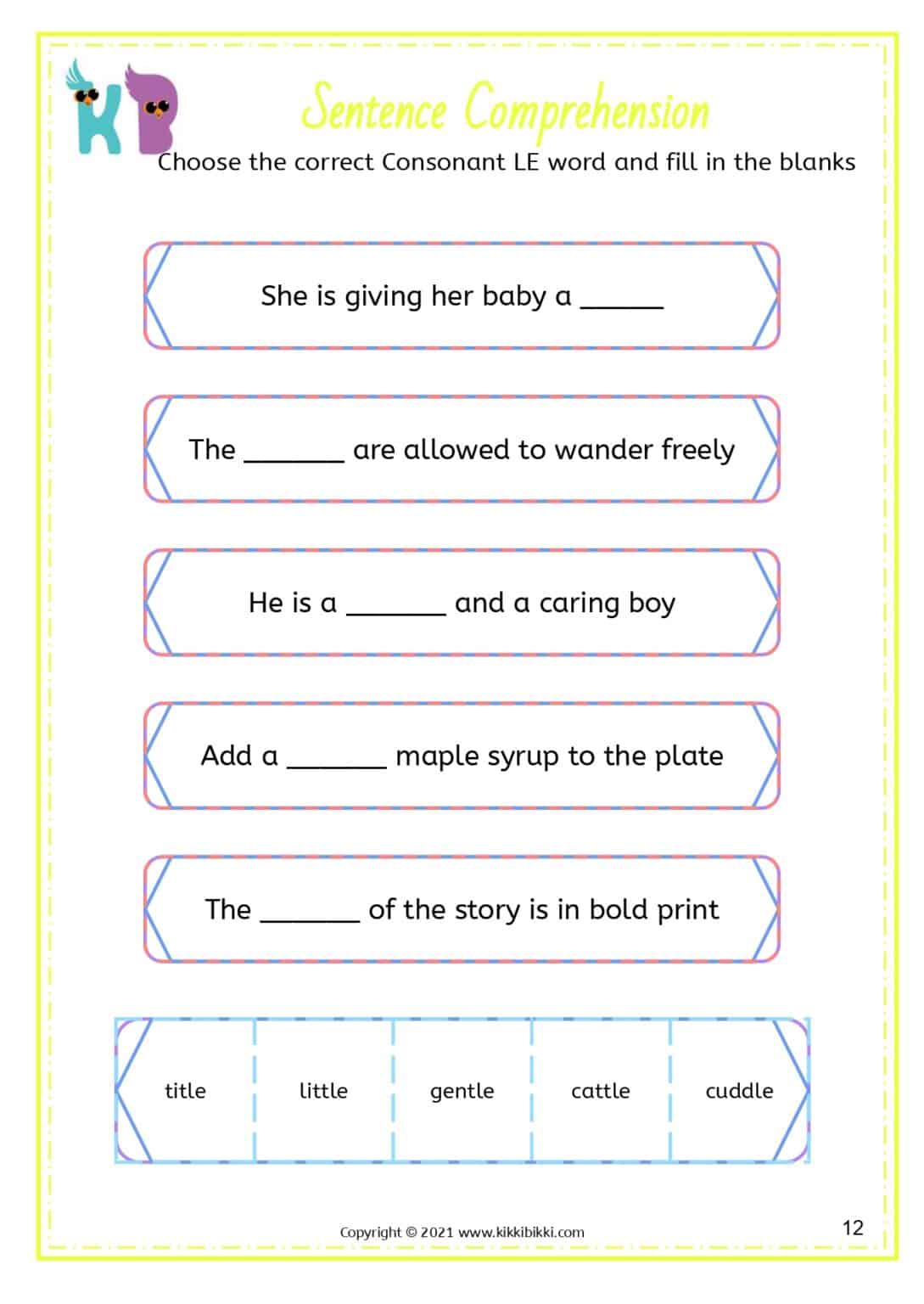Handling Consonant +le | Free Phonics Printable Worksheets