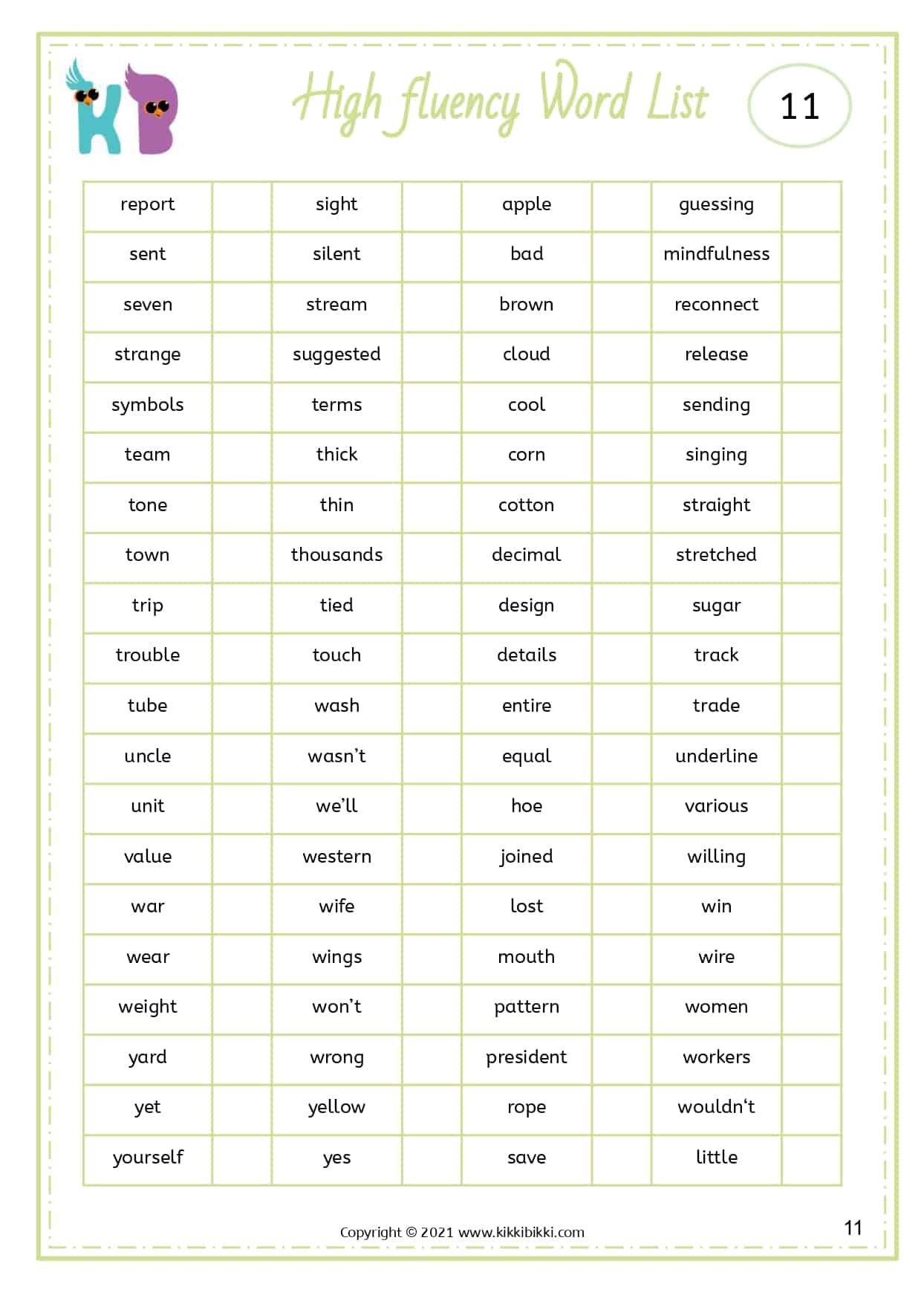 Words Checklist | Free Phonics Printable Worksheets