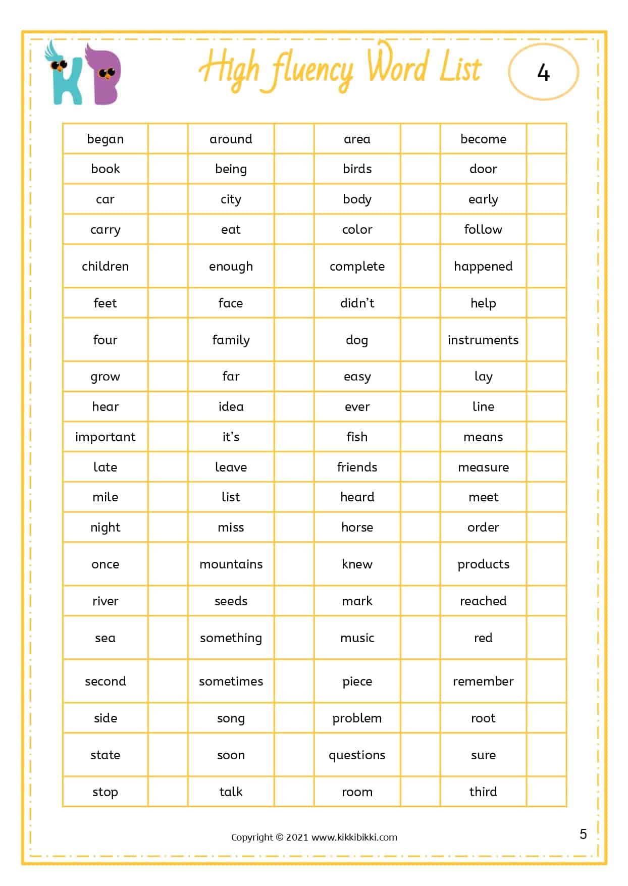 Words Checklist | Free Phonics Printable Worksheets