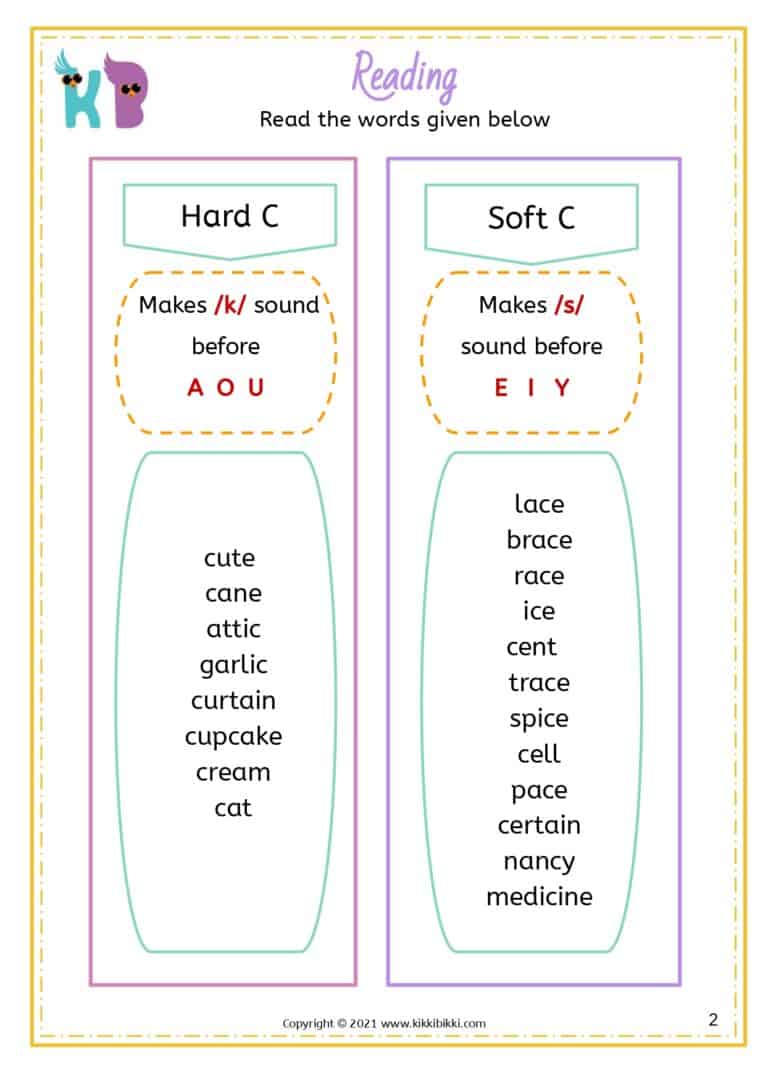 Spelling rules Soft c | Free Phonics Printable Worksheets