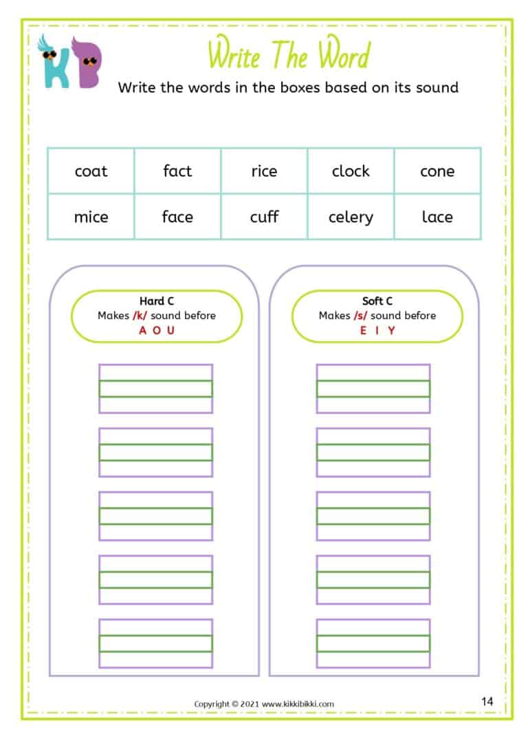Spelling rules Soft c | Free Phonics Printable Worksheets