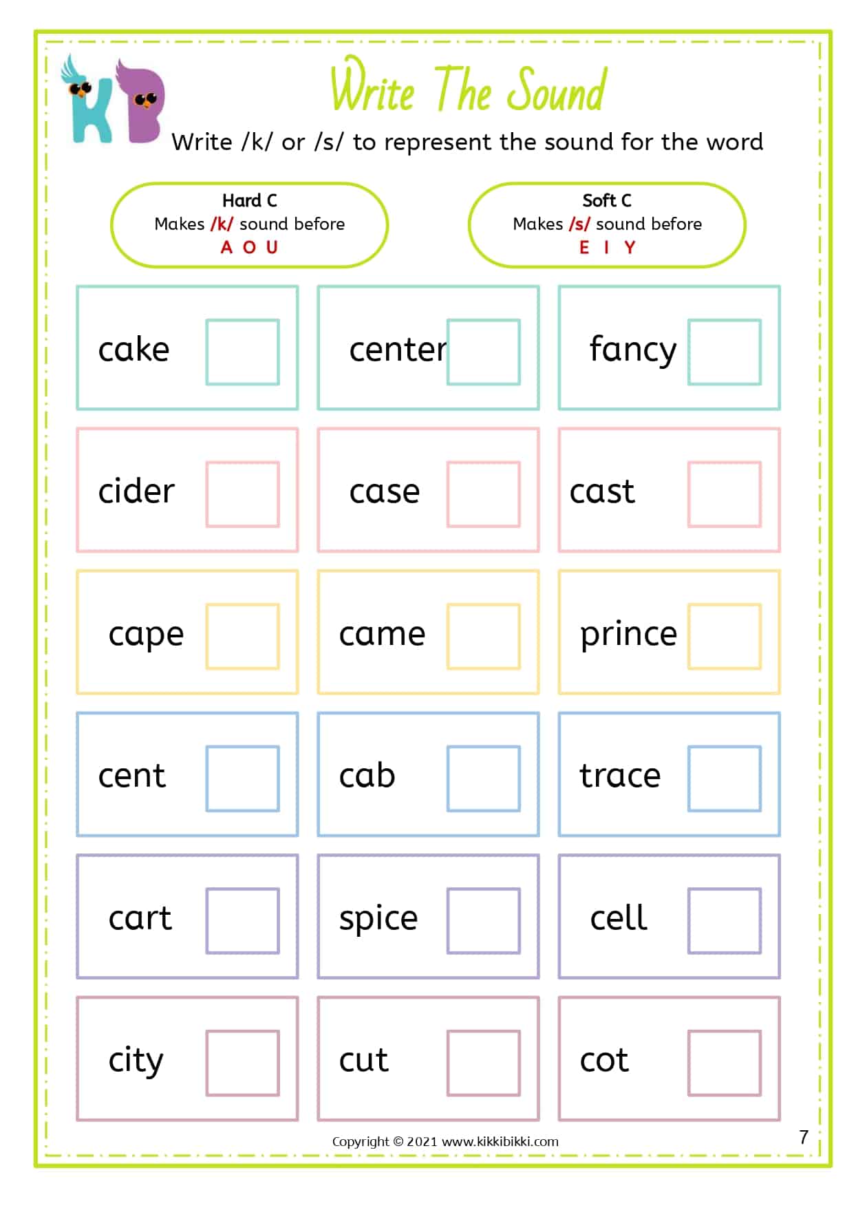 Spelling rules Soft c | Free Phonics Printable Worksheets