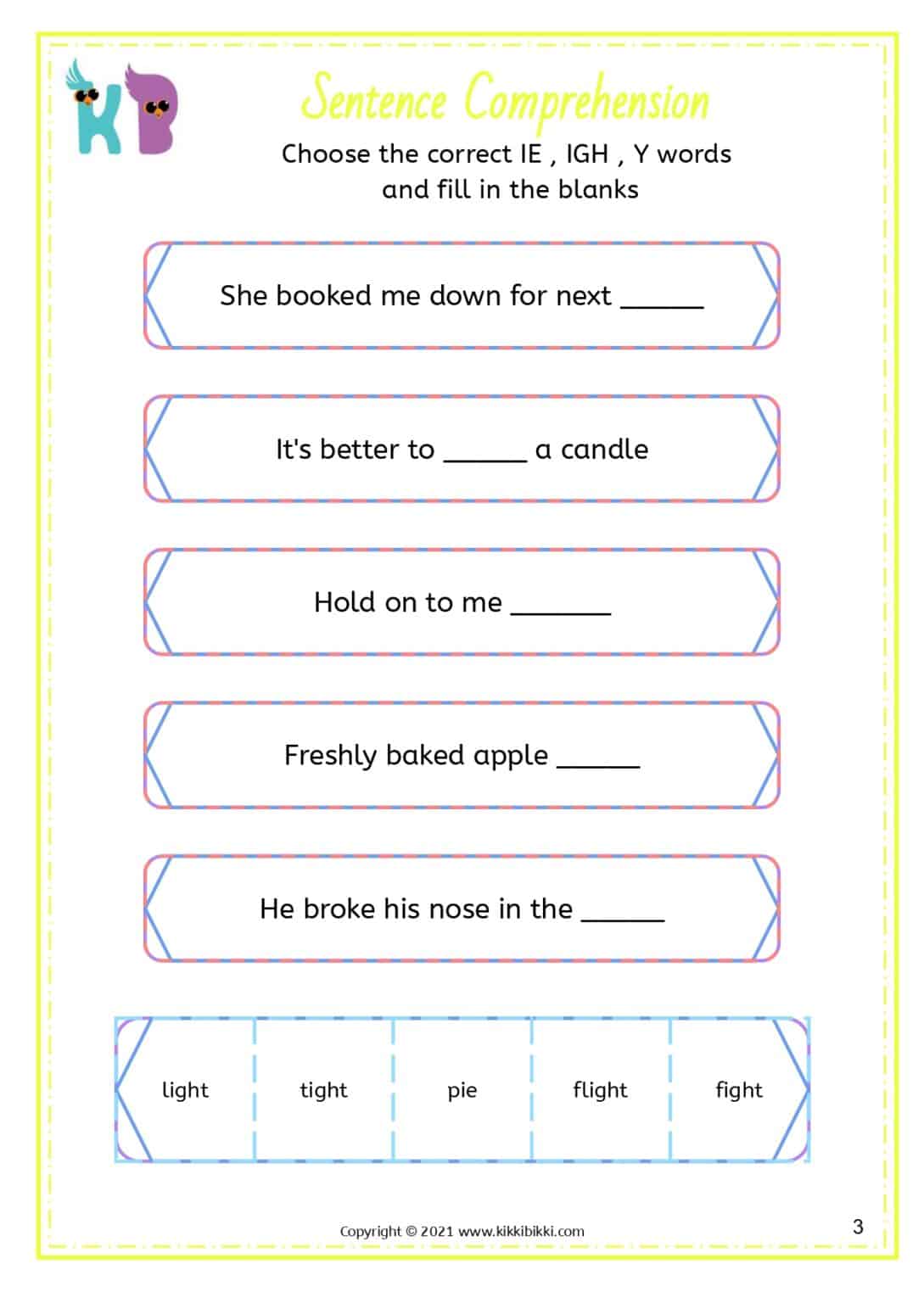 Learn to Spell ie, igh, y Words - Free Phonics Printable Worksheets
